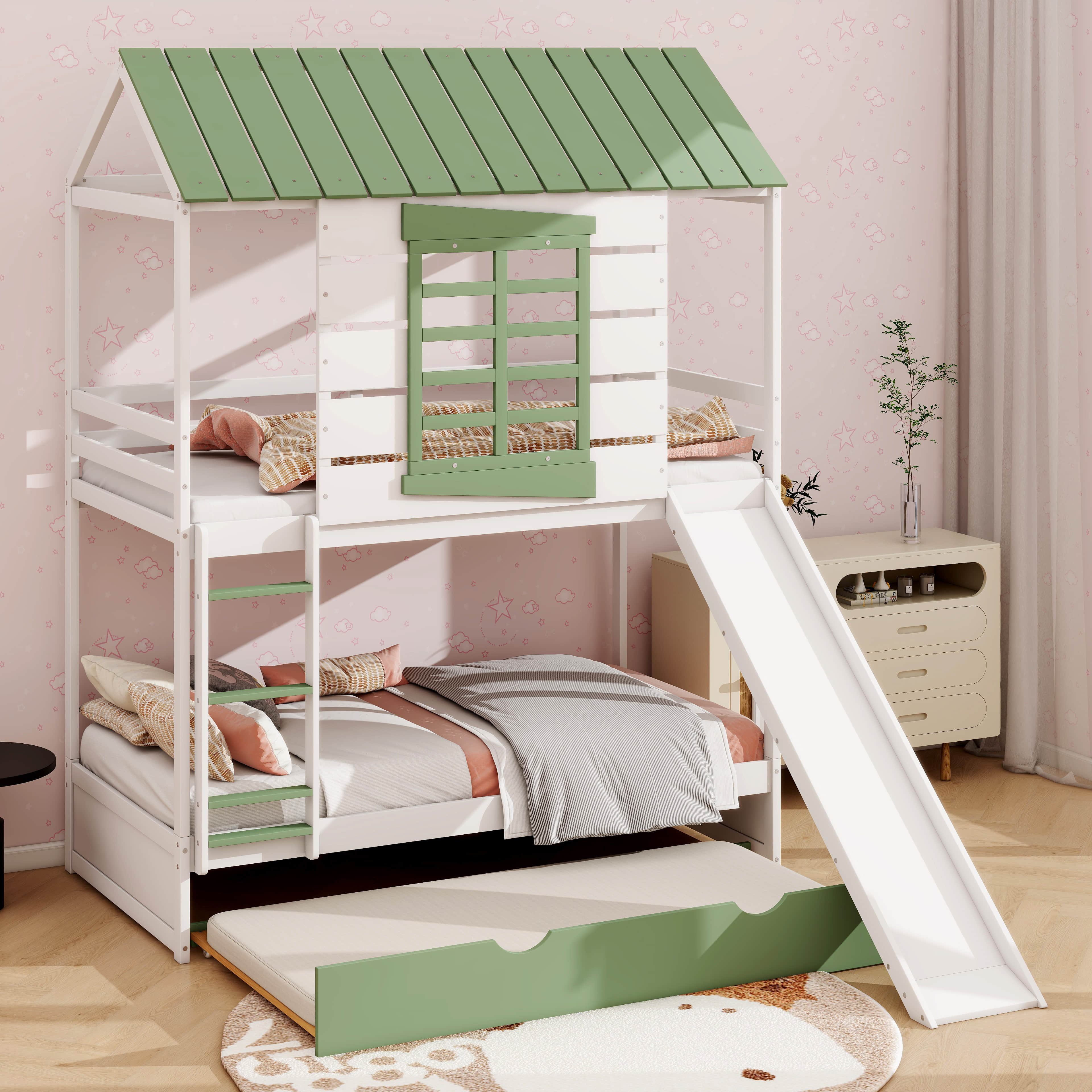 Harper Orchard House-Shaped Bunk Beds With A Slide, Featuring Wooden ...