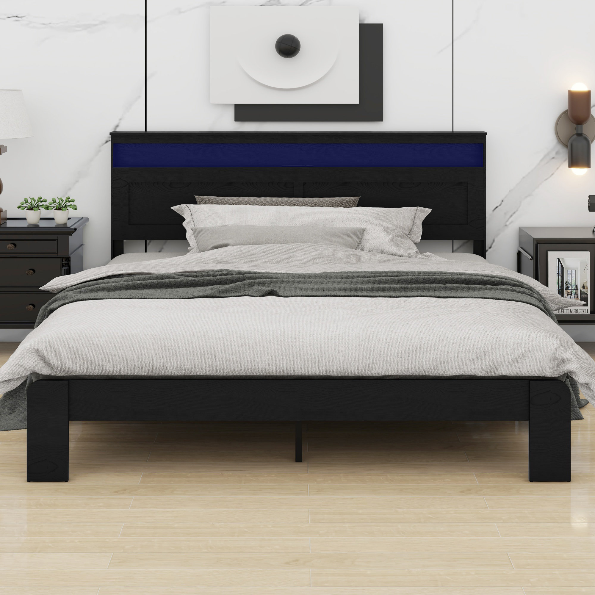 Ivy Bronx Platform Bed Frame With Storage LED Light Headboard And USB ...