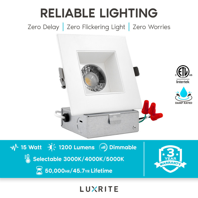 Luxrite 4" Selectable CCT Square LED Canless Recessed Lighting Kit ...