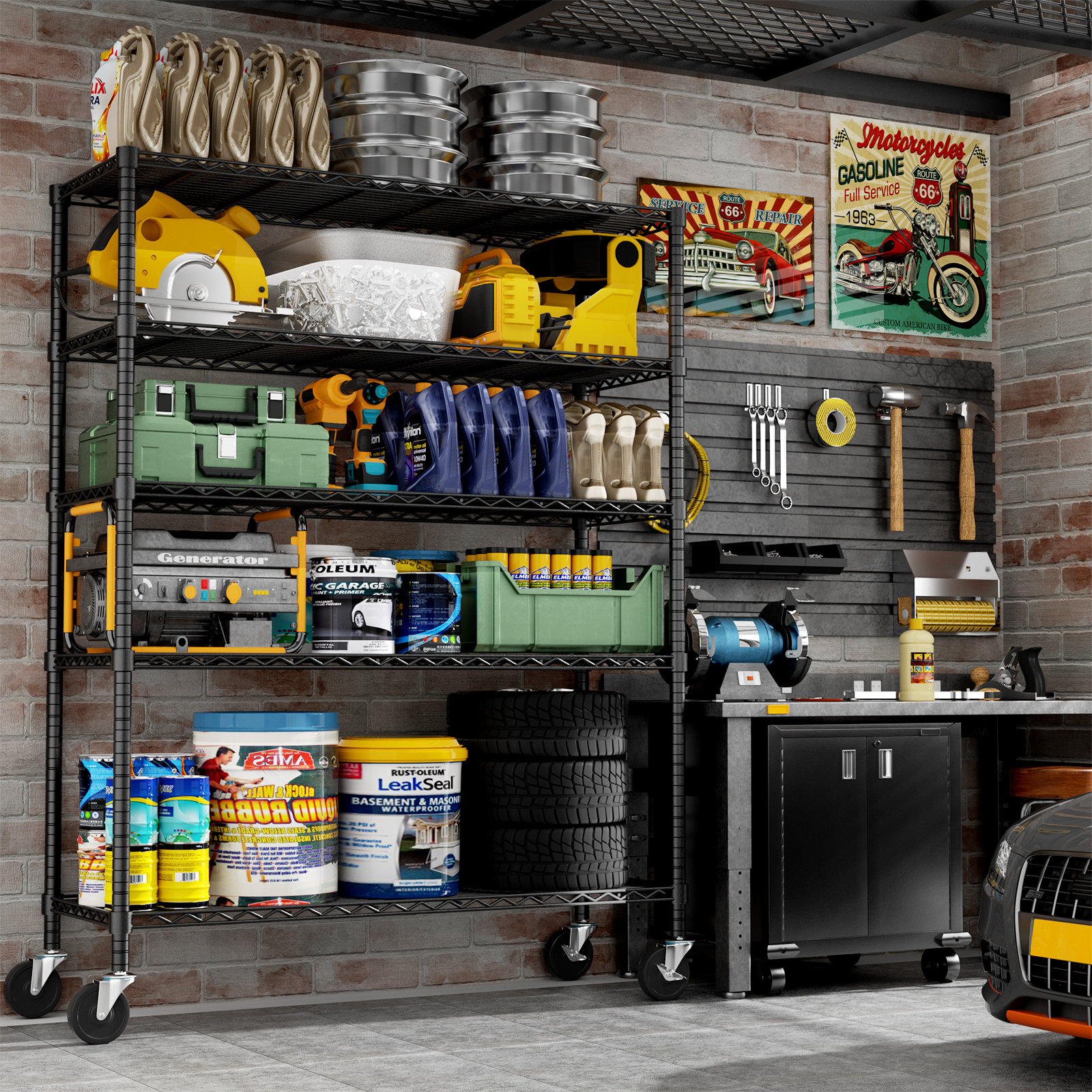 Rebrilliant Height-adjustable Garage Wire Shelving Unit With Wheel ...