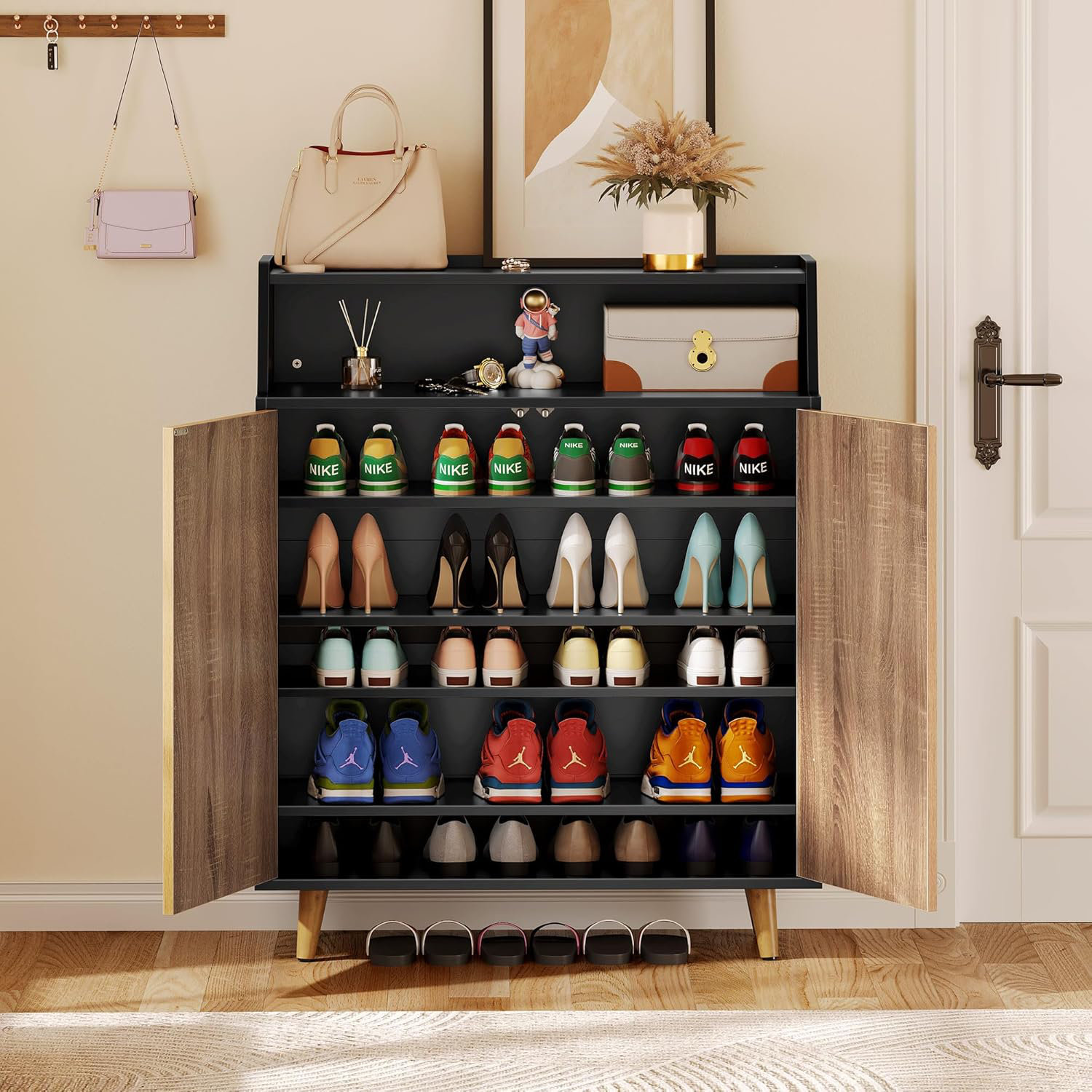 Corrigan Studio® Shoe Cabinet with Door, 5 Tier Open Shoe Rack, Large ...