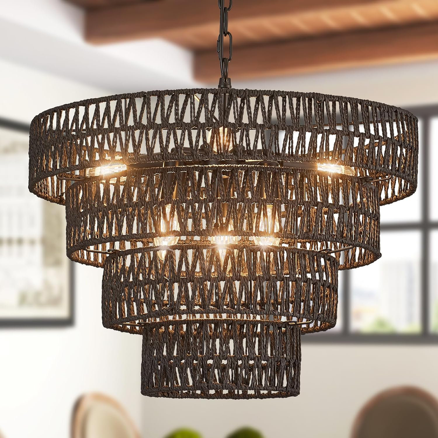 Dakota Fields Hand-Woven Rattan Chandelier - 6-Light Vintage Farmhouse ...
