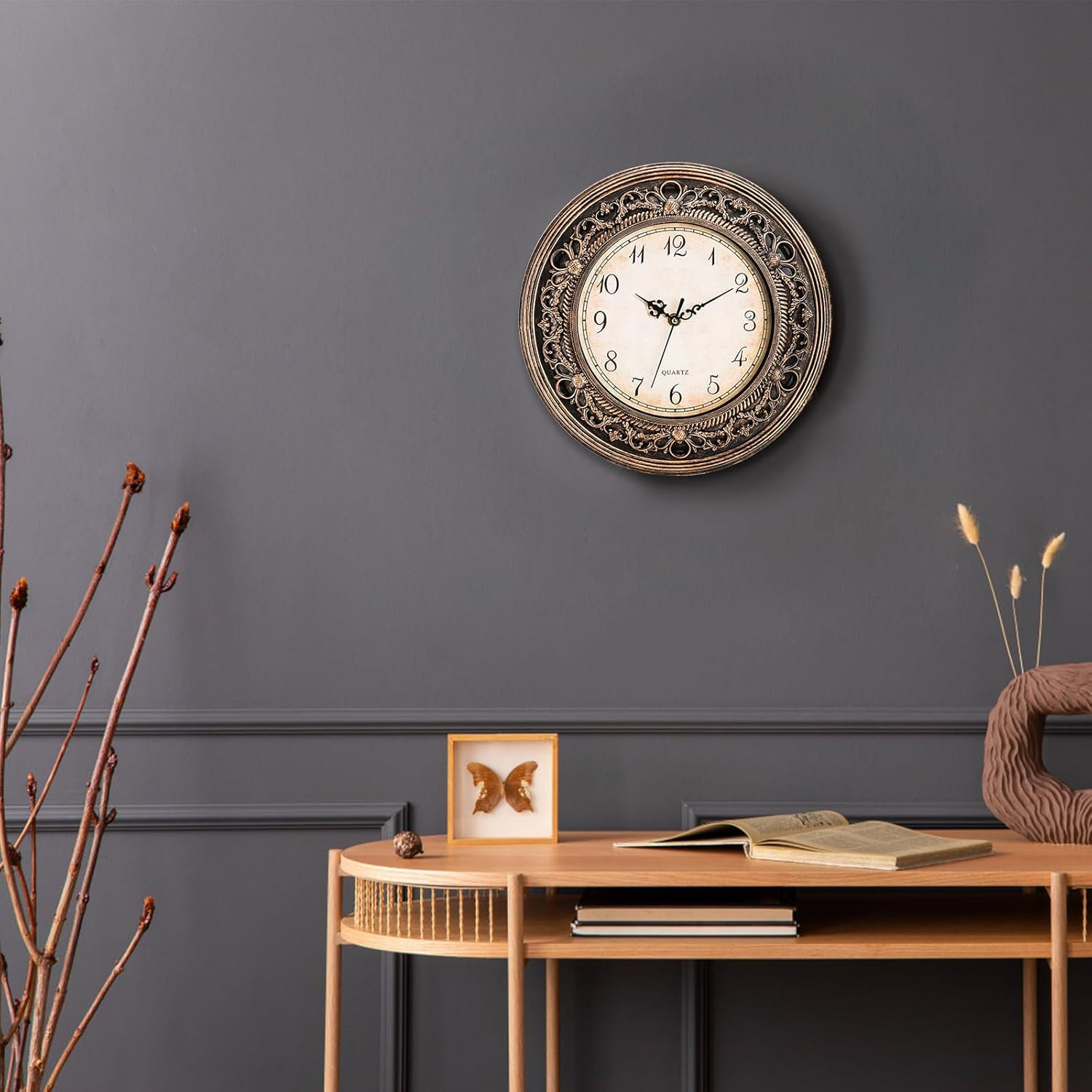 Winston Porter 13 Inch Vintage Large Wall Clock, Battery Operated Round ...