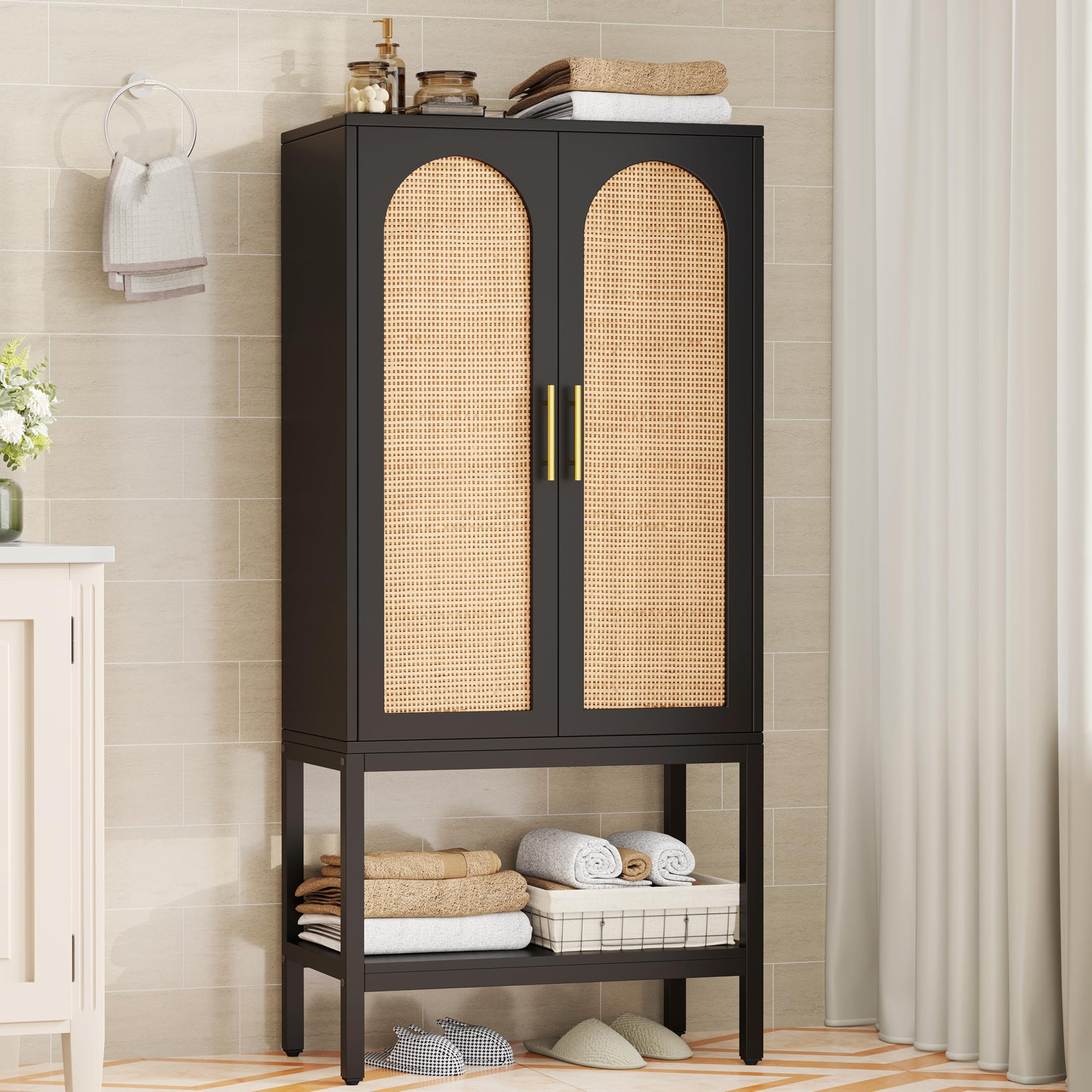 Bayou Breeze 55.5" Tall Rattan Bathroom Storage Cabinet with 2 Doors ...