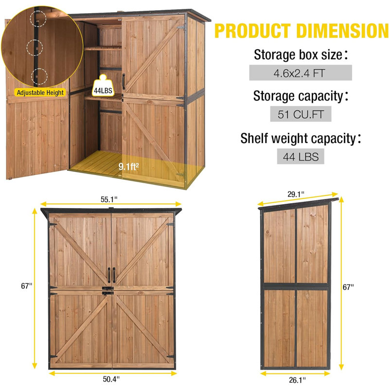 Aivituvin 4 ft. 5 in. W x 2 ft. 5 in. D Solid Wood Lean-to Storage Shed ...