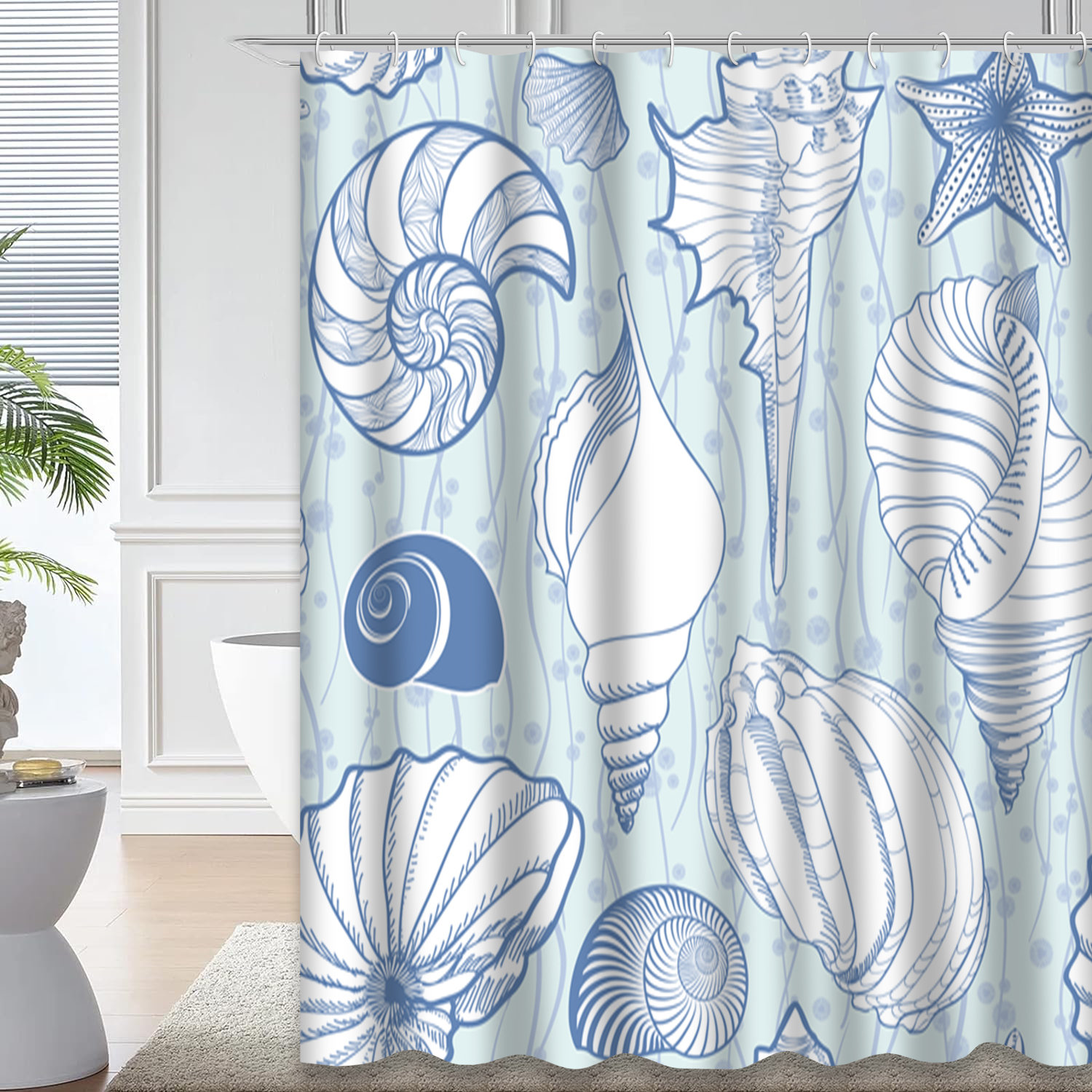 East Urban Home Marine Blue Seashell Shower Curtain, 72x72 in, 12 Hooks ...