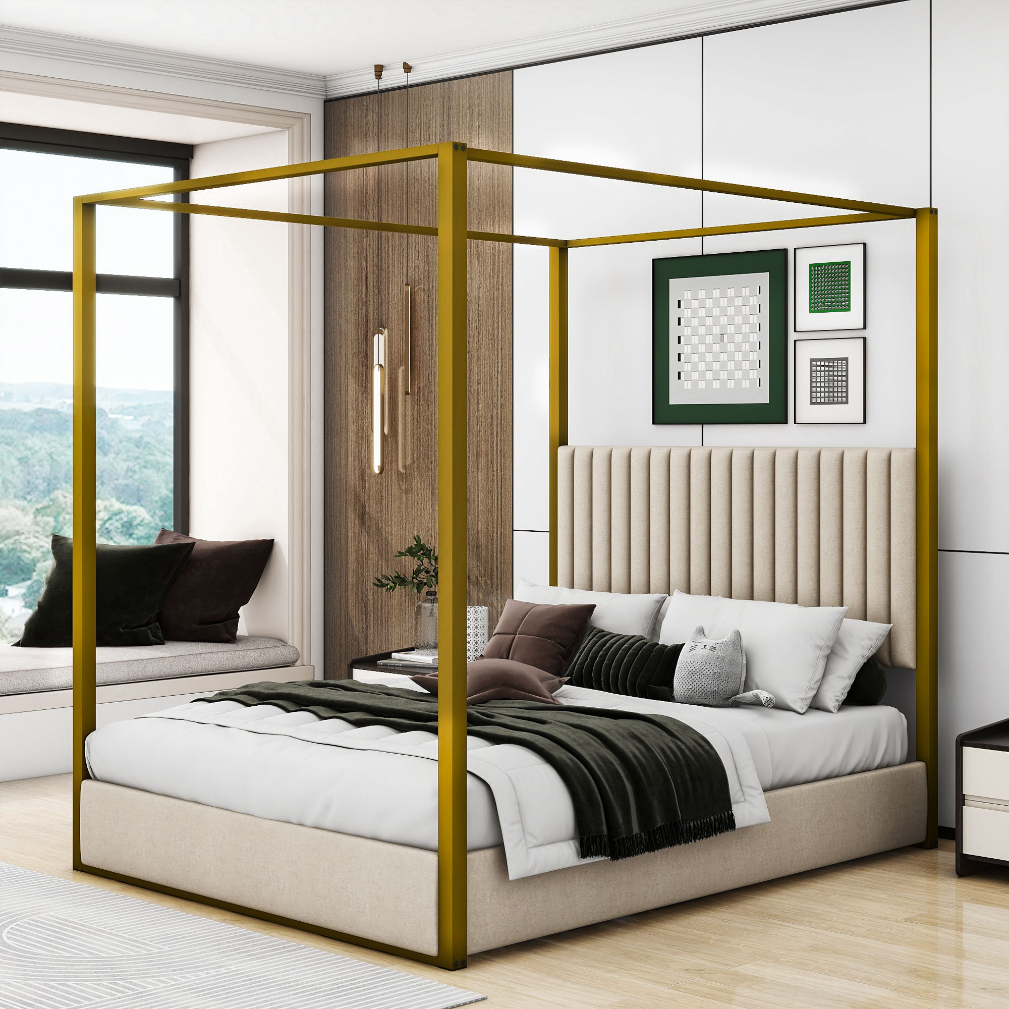 Everly Quinn Shamair Queen Upholstery Canopy Platform Bed | Wayfair