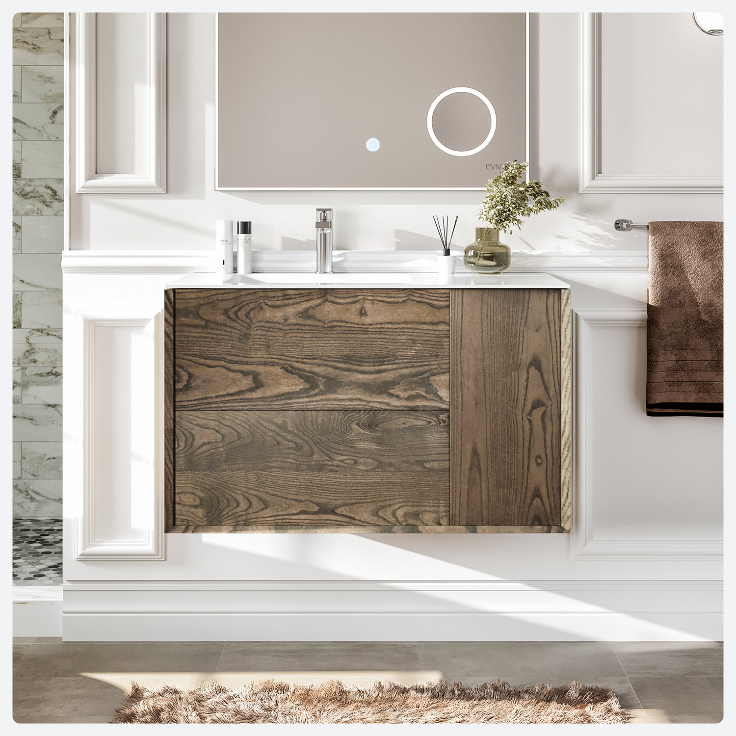 Eviva Ciocco 35 Inch Wall Mount Walnut Vanity With Solid Surface ...