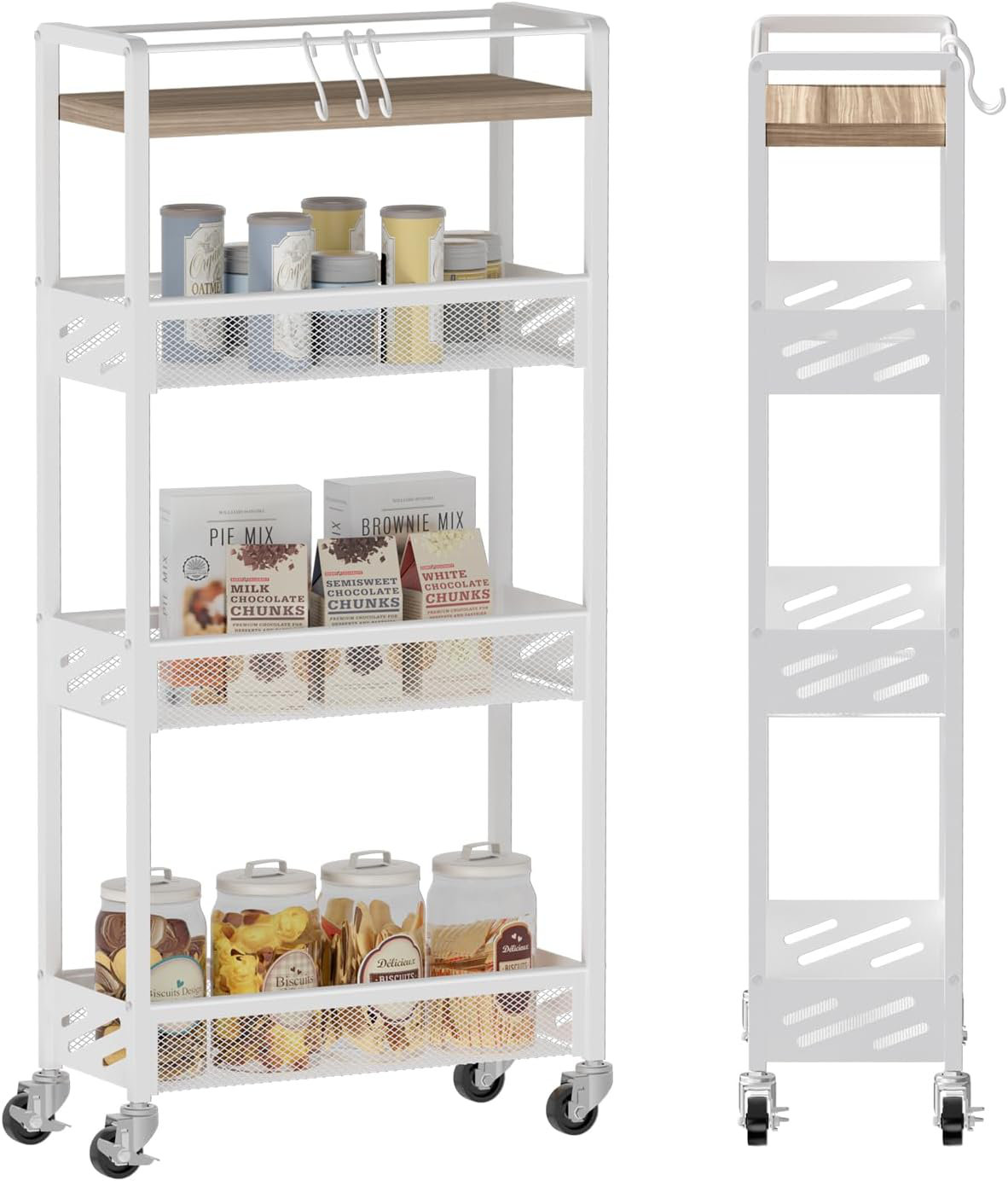CHUANGWENYI Slim Rolling Storage Cart, 4-Tier Kitchen Cart On Wheels ...