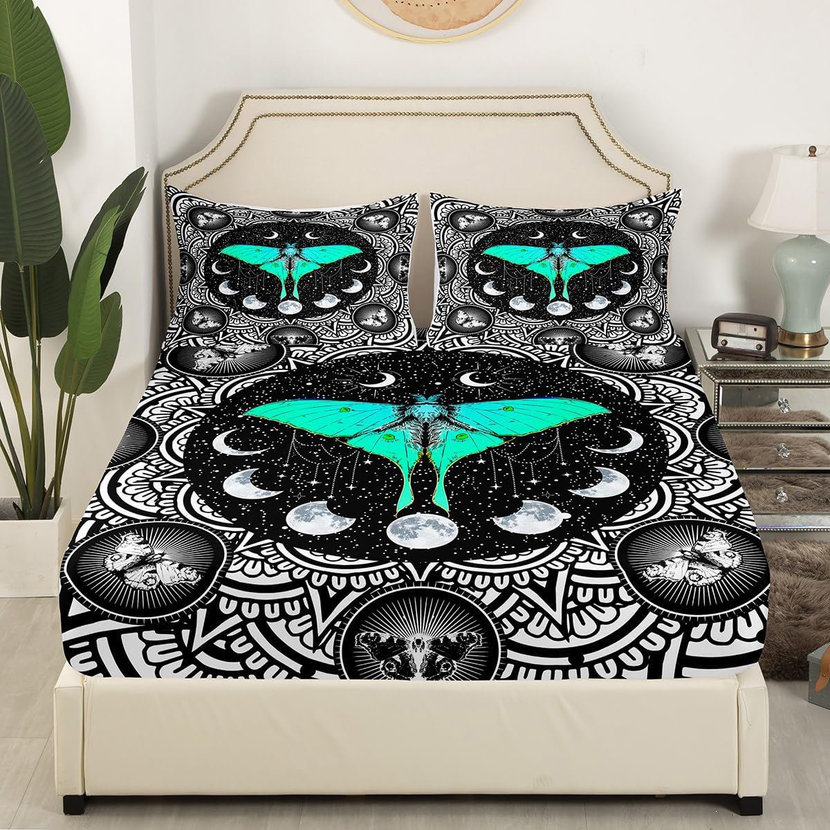 AMIPOR Moth Fitted Sheet For Kids Teens Adult, Bohemian Moon Stars ...
