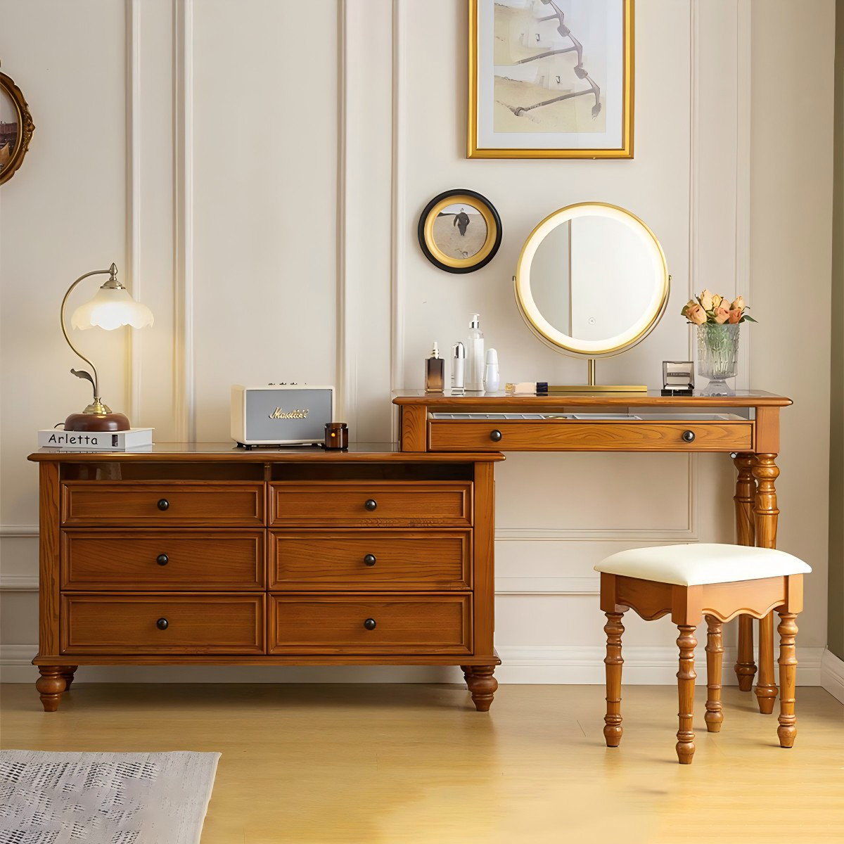 DECADANZ Vintage Solid Wood Vanity Set with Integrated Chest of Drawers ...