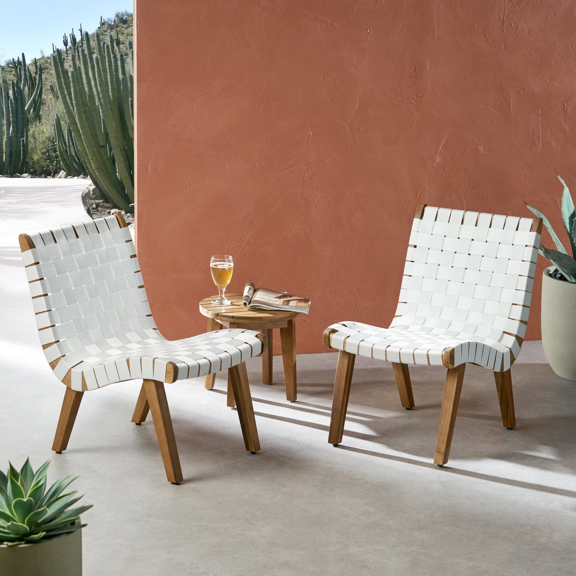 Winston Porter Outdoor Acacia Wood And Rope Weave 3 Piece Chat Set | Wayfair