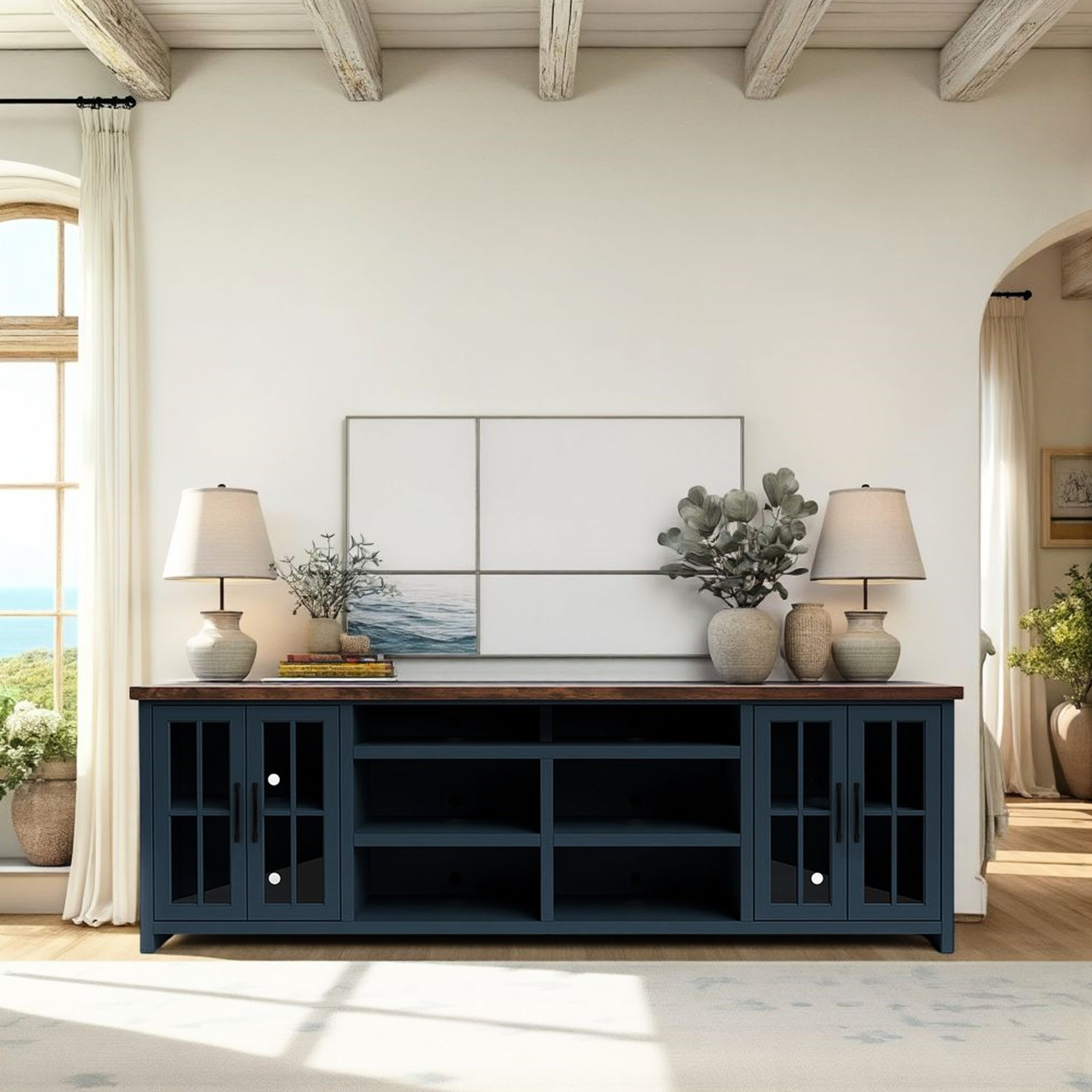 Wildon Home® 96 Inch Tv Media Console, No Assembly, Blue Denim And Whiskey, Design Stand For 85 ...