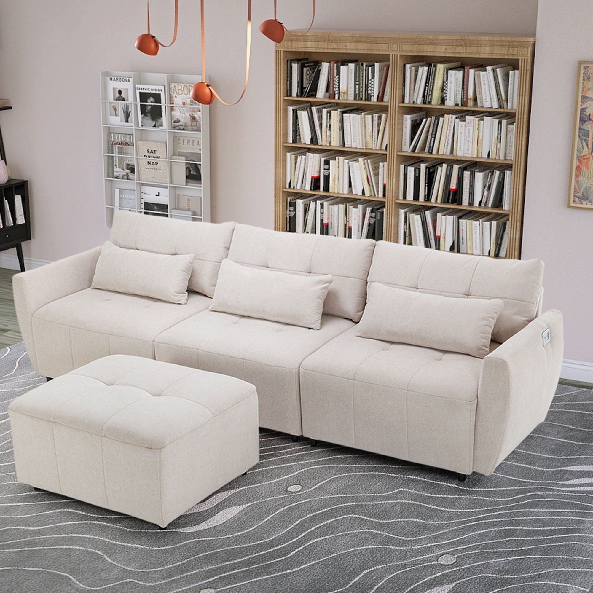 Latitude Run® 3-seat Sectional Sofa Couch With Movable Ottoman And USB ...