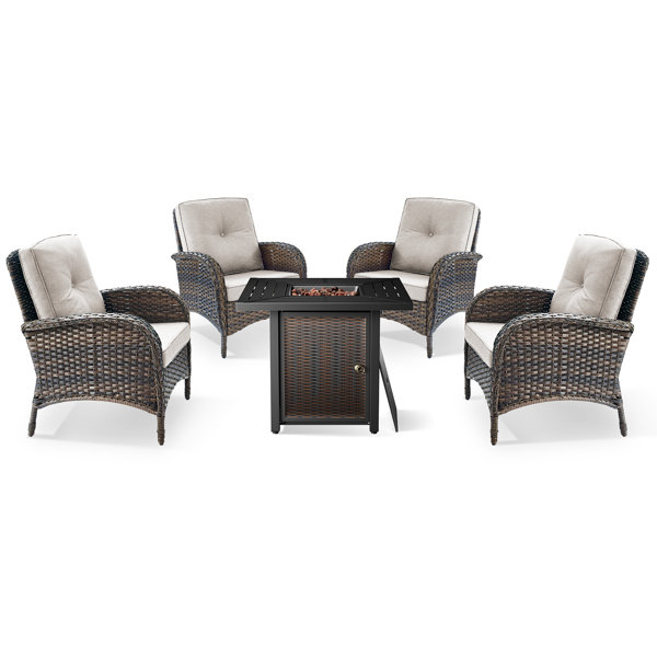 Lark Manor™ 5-Pieces Outdoor Wicker Chair & Fire Pit Table Conversation ...