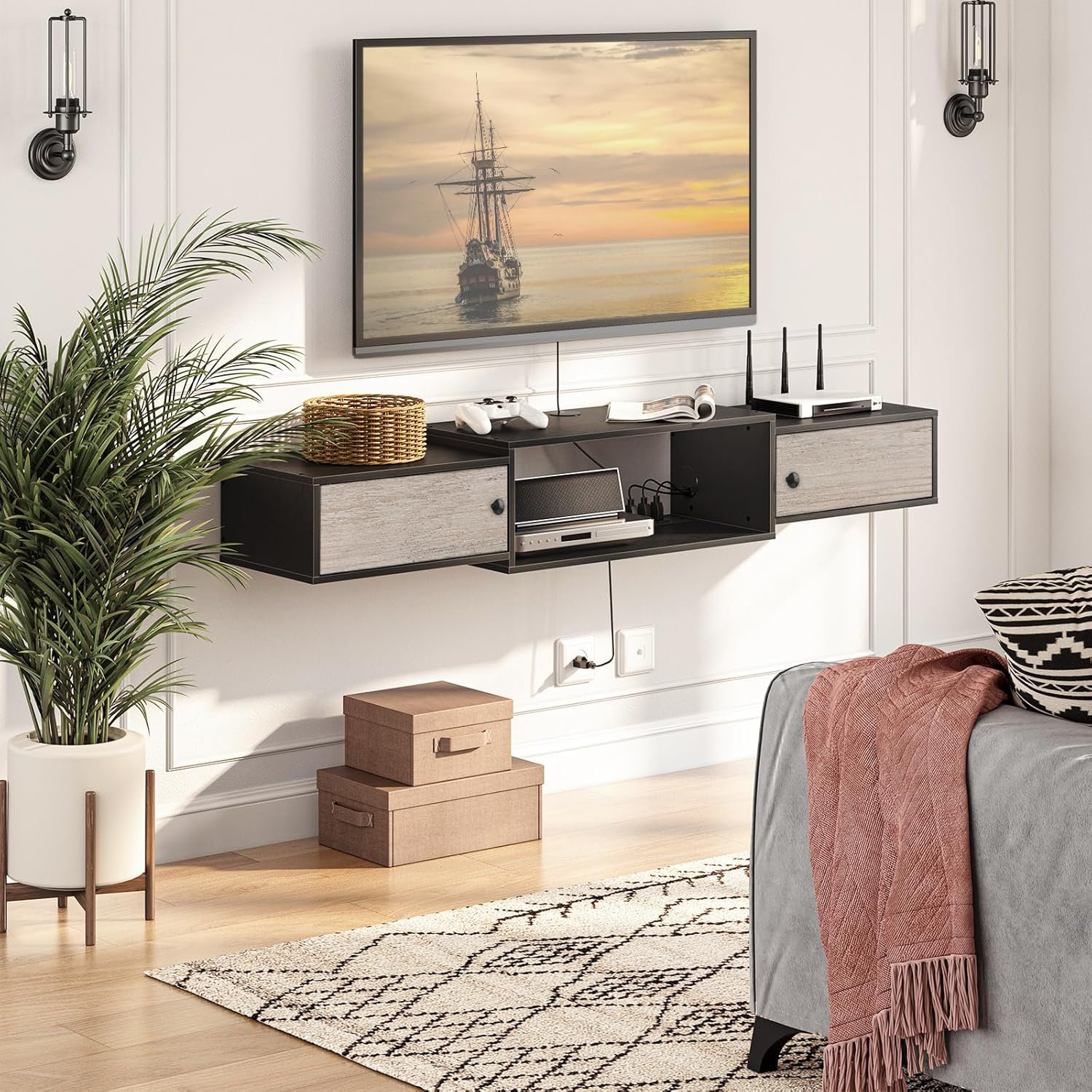 INKEDZ Floating TV Stand with Power Outlets 55", Modern Wall Mounted ...