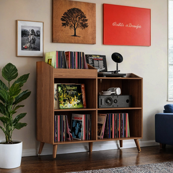 George Oliver Large Record Player Stand With Power Outlet, Vinyl Record ...