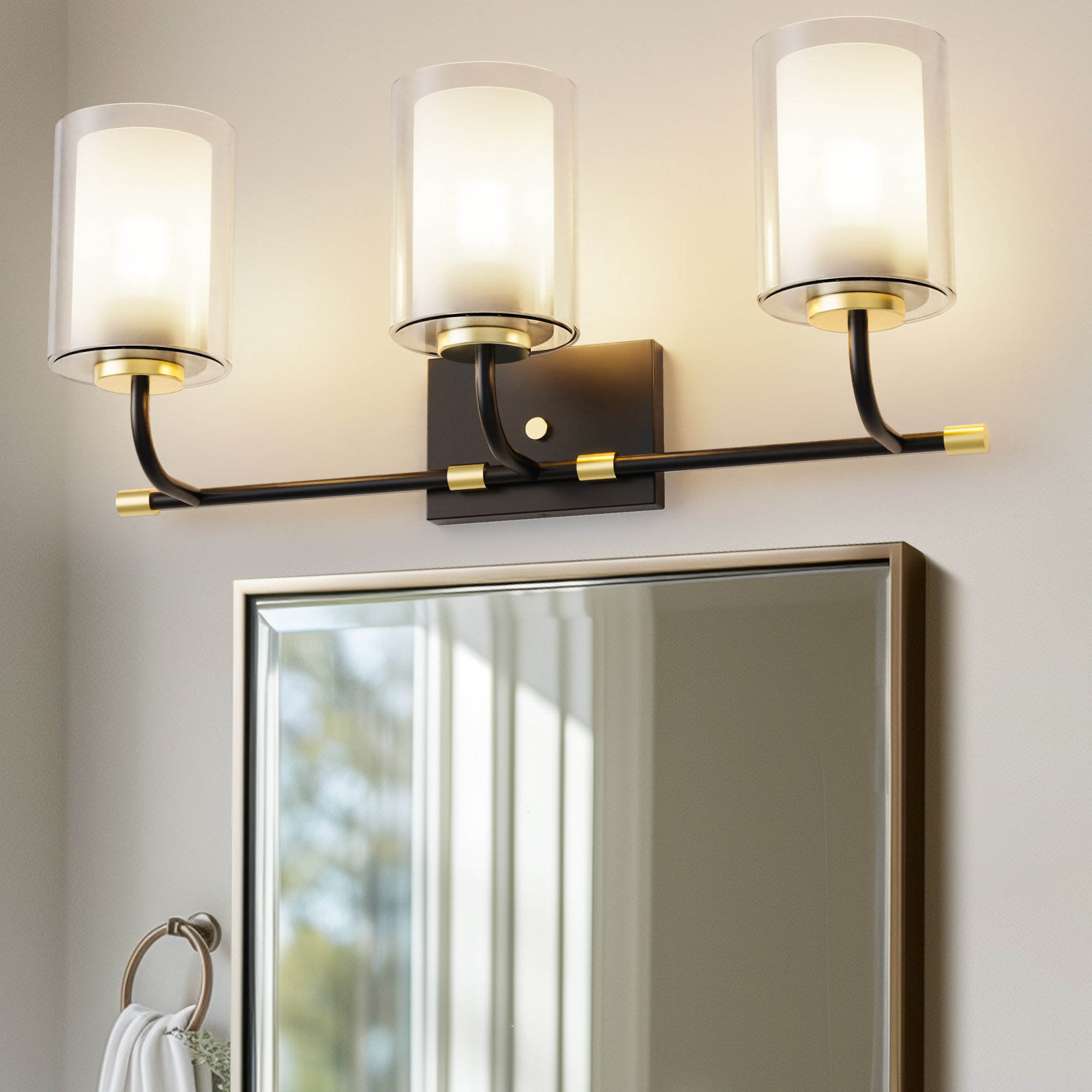 Ebern Designs Bauman Modern 3-Light Black And Gold Vanity Light With ...