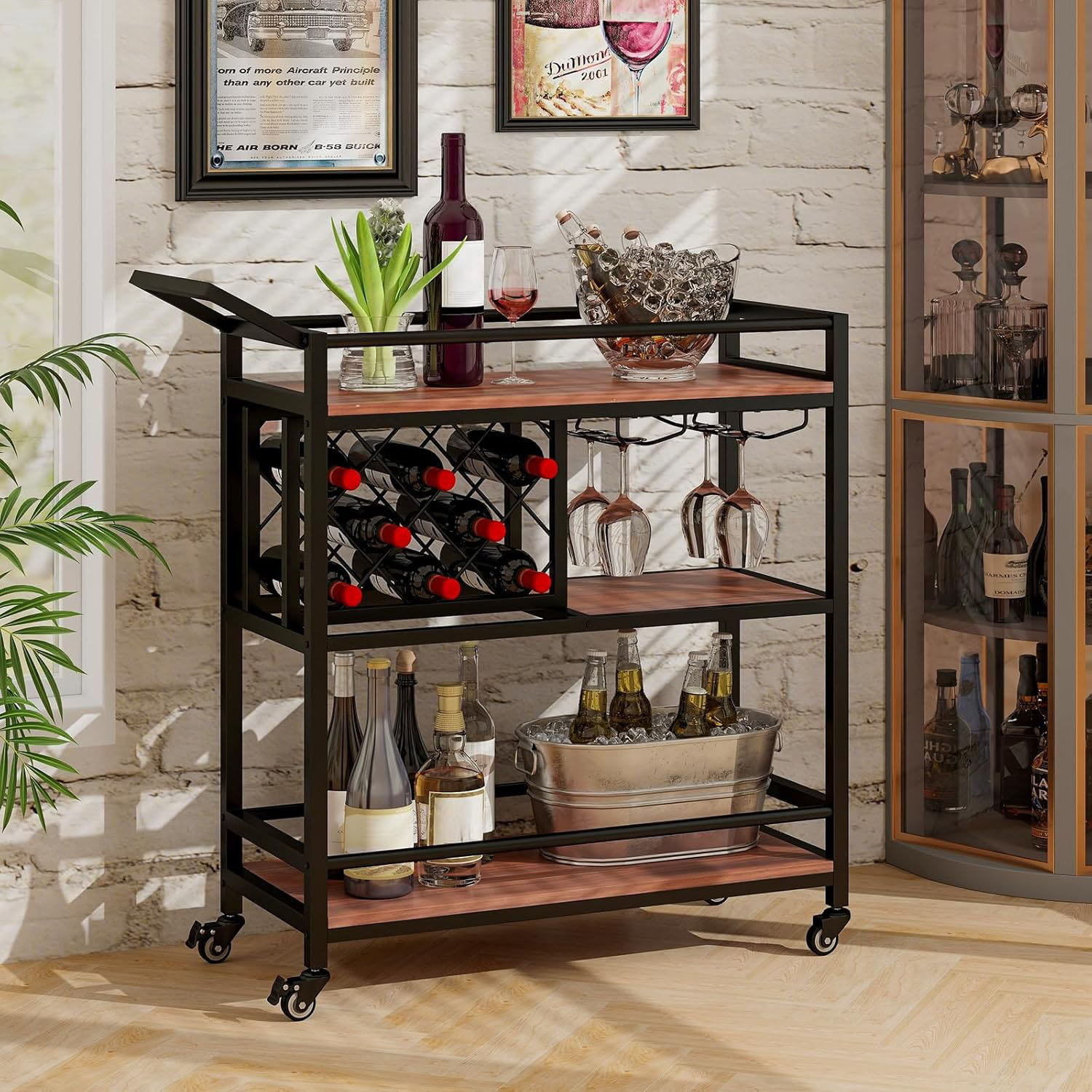 Brayden Studio® Wine Rack And Glass Holders, Rolling Wine Cart For ...