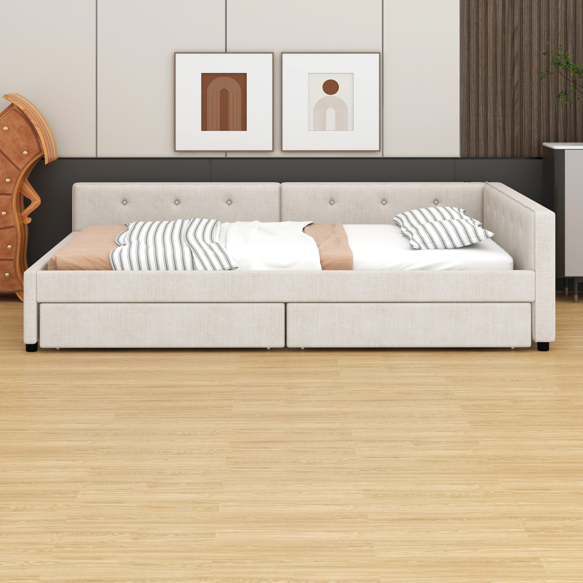 Lucky Furniture Upholstered Platform Bed With USB And 2 Drawers | Wayfair