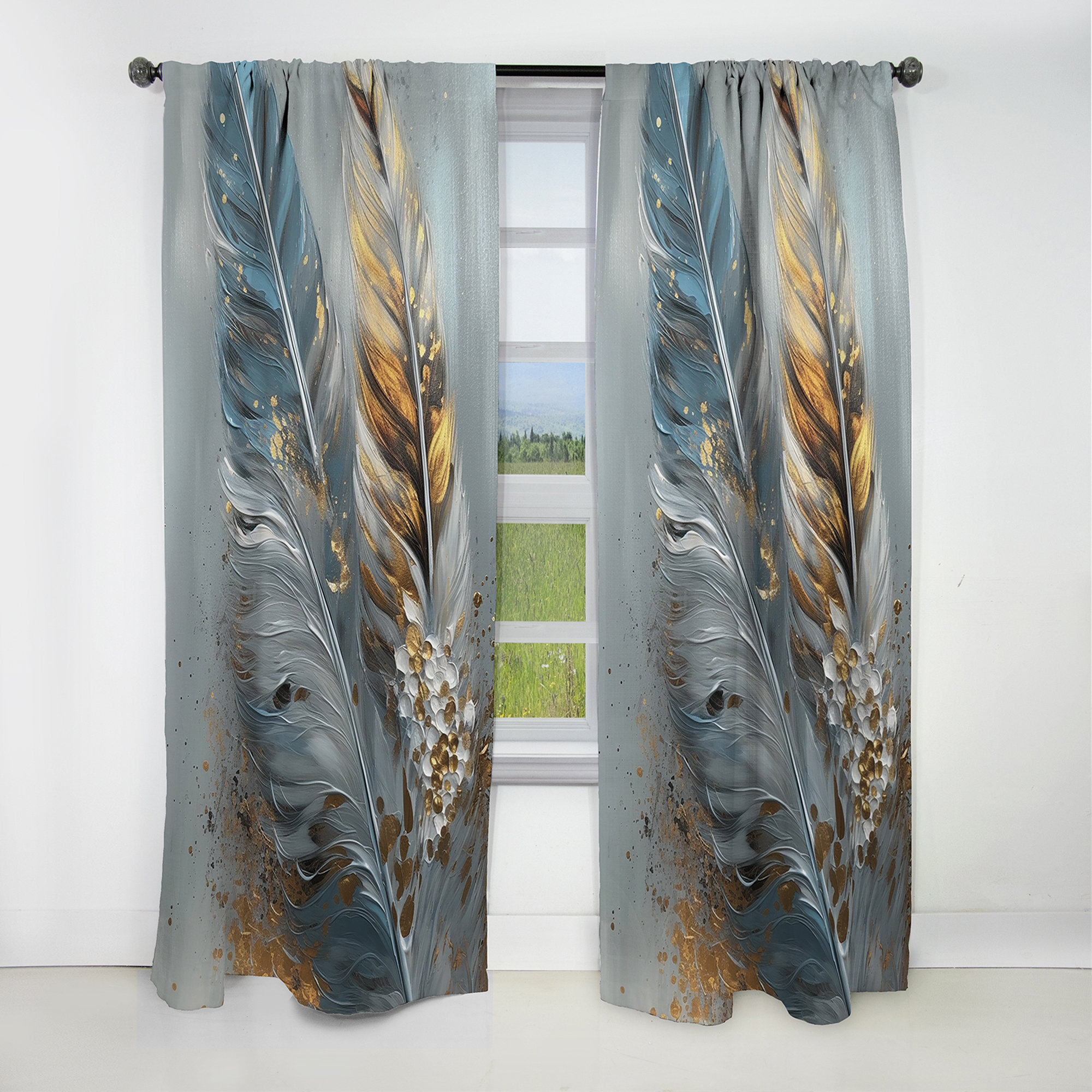 Everly Quinn Gold Feather Wanderlust I - Glam Feather Curtain ...