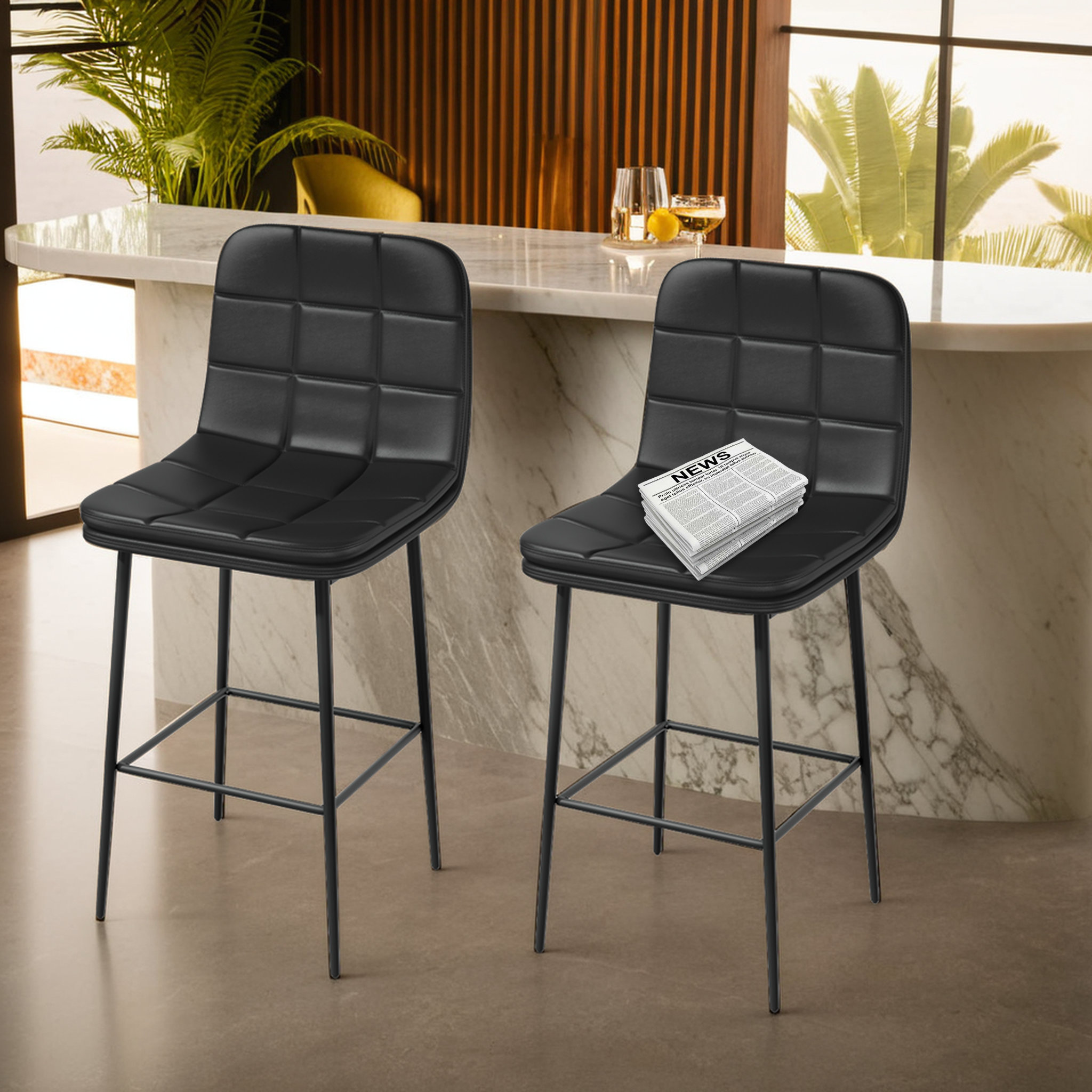 George Oliver Modern PU Double Cushion Bar Stools With Metal Frames(Set ...