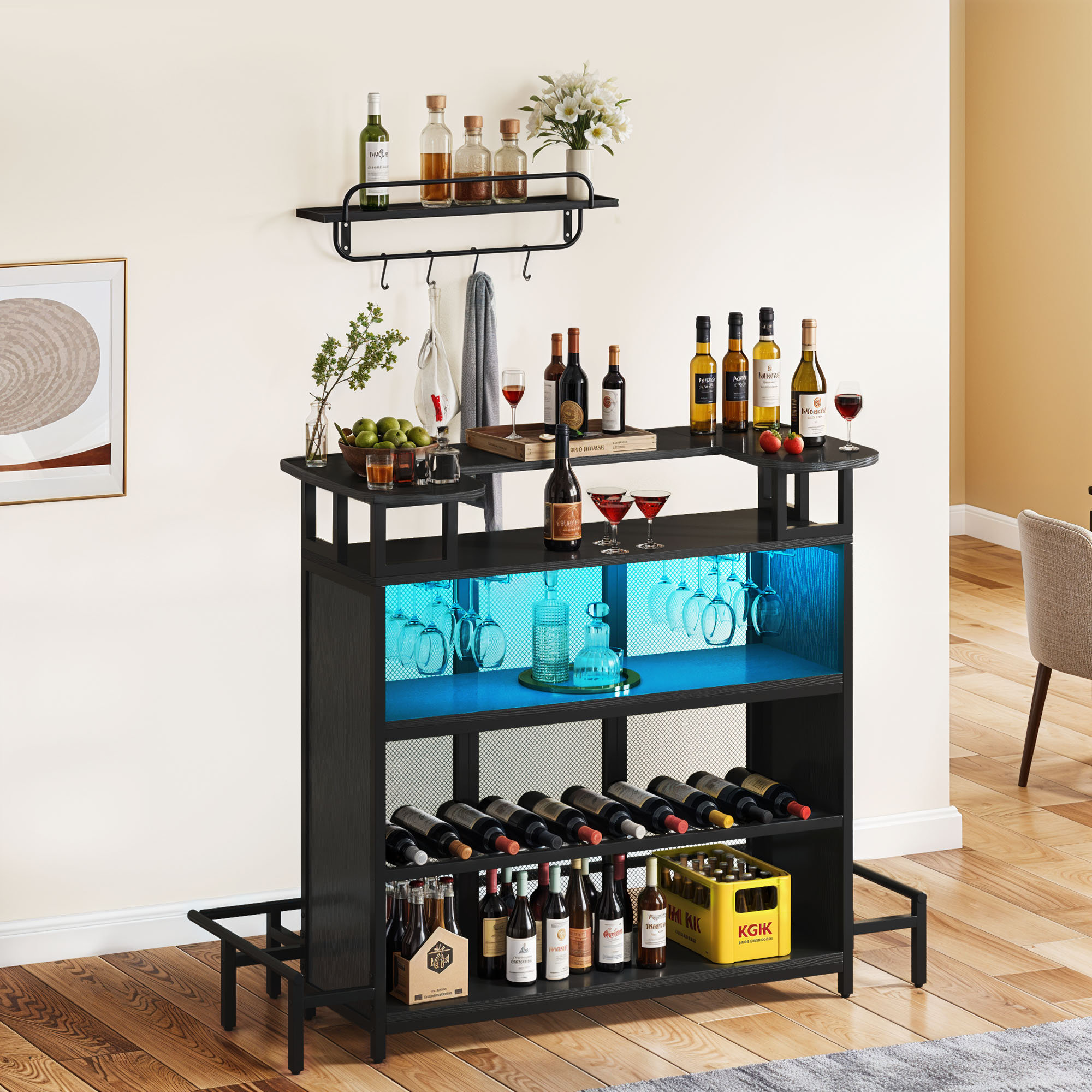 Wrought Studio™ Home Bar Table with Wall-Mounted Rack | Wayfair