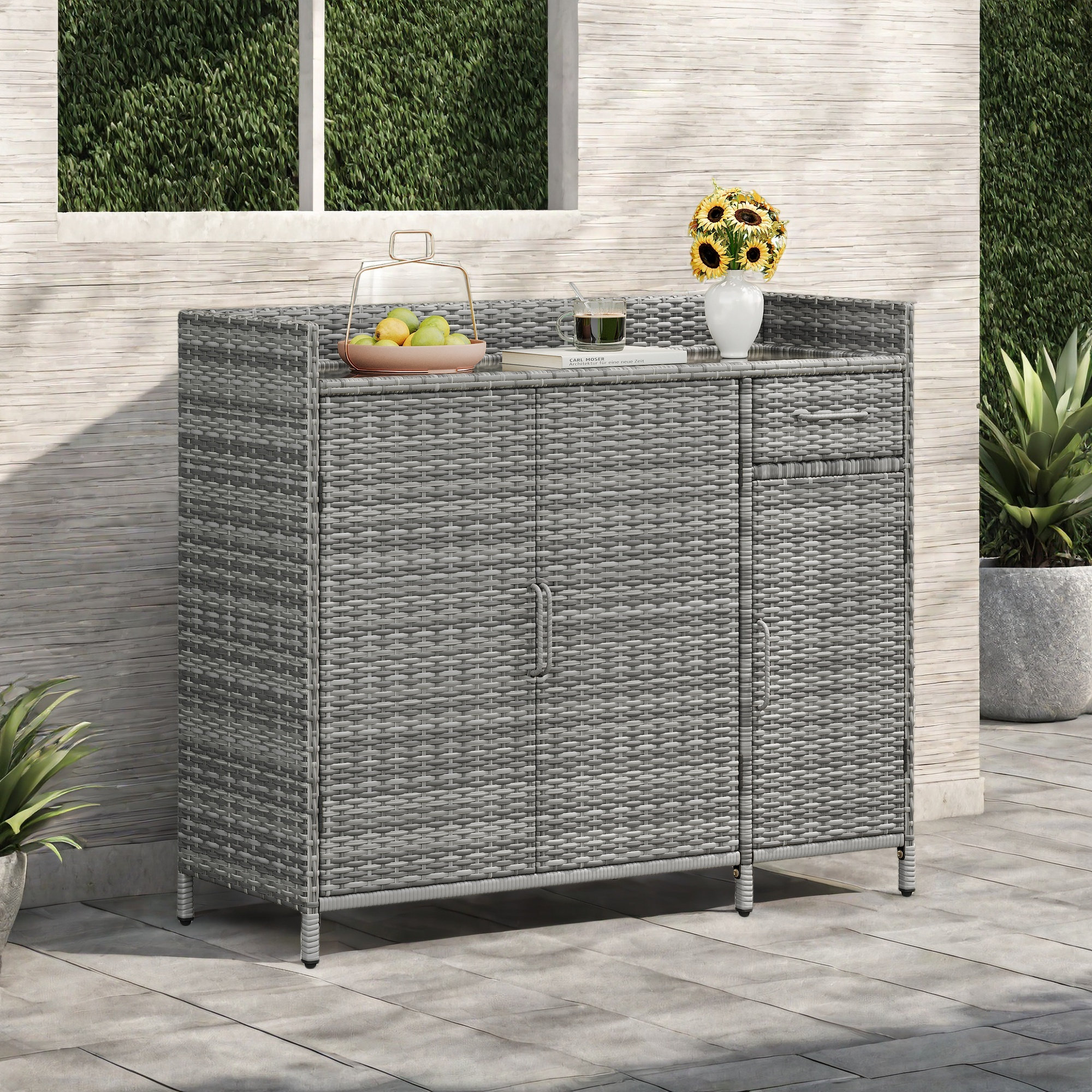 Latitude Run® Outdoor Wicker Storage Cabinet With Three Doors, Tempered ...