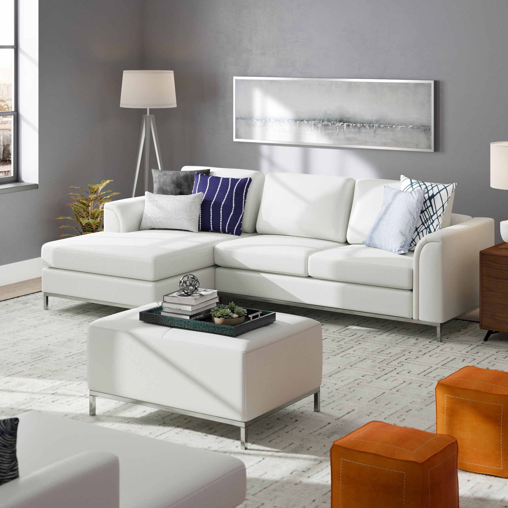 Ivy Bronx Cisco 106" Wide Genuine Leather Sofa & Chaise with Ottoman ...