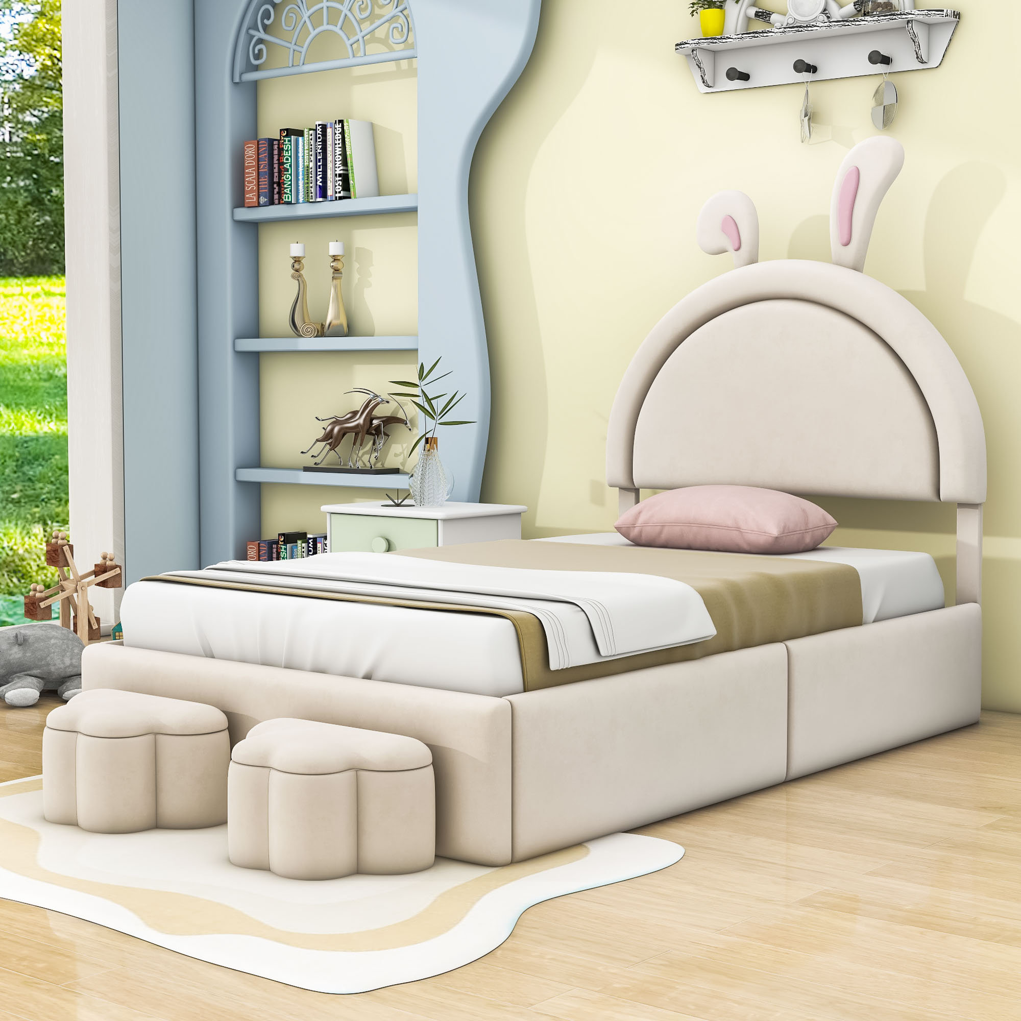 Zoomie Kids Upholstered MDF and Plywood Bed with 2 Storage Stools | Wayfair