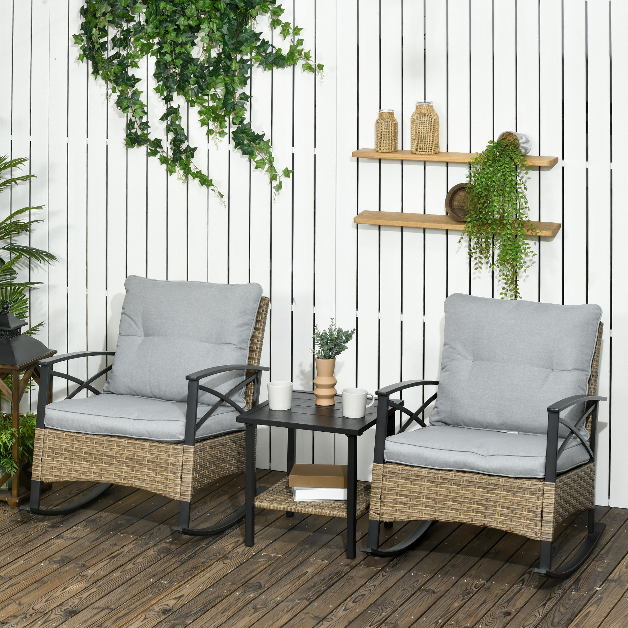 Gracie Oaks 3 Piece Patio Rocking Chair Set With 2 Cushioned Porch ...