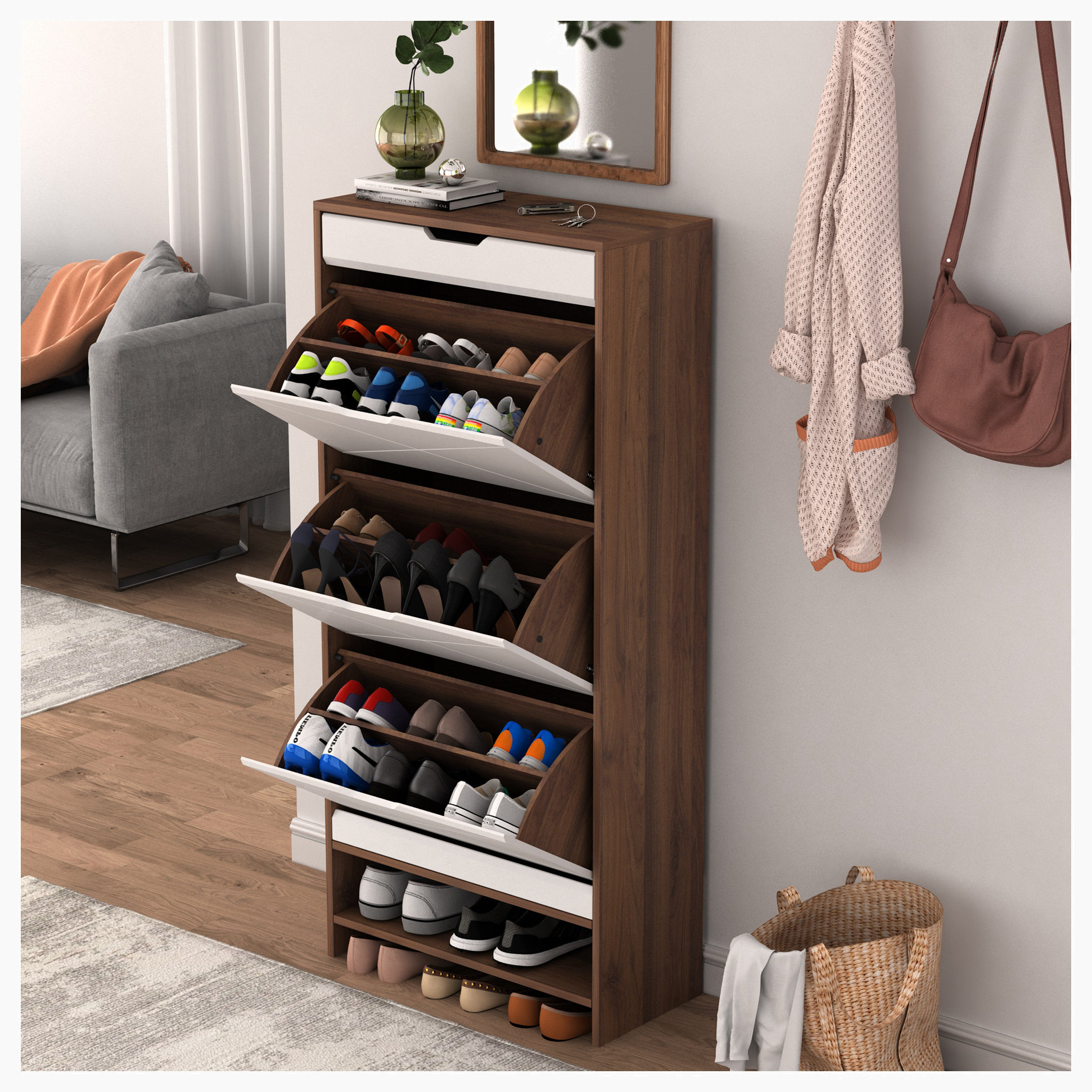 Latitude Run® 3 Tier Shoe Storage Cabinet With Draders For Entryway ...