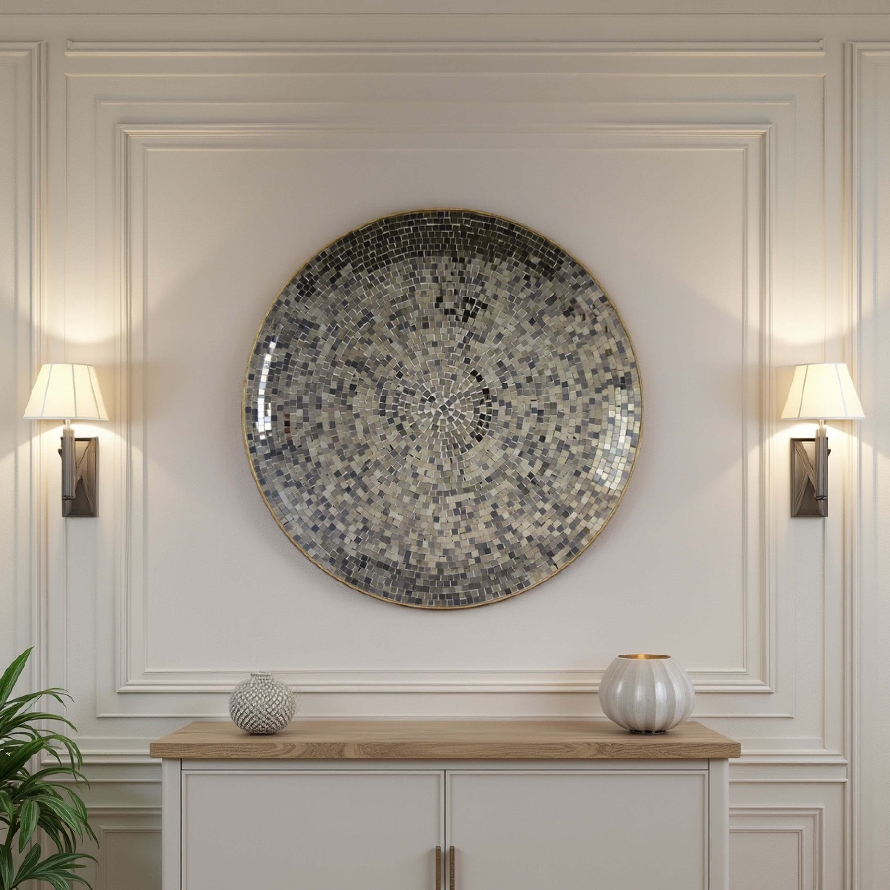 Benjara Qwin Decorative Wall Platter, 24 Inch Mirror Mosaic Pattern ...