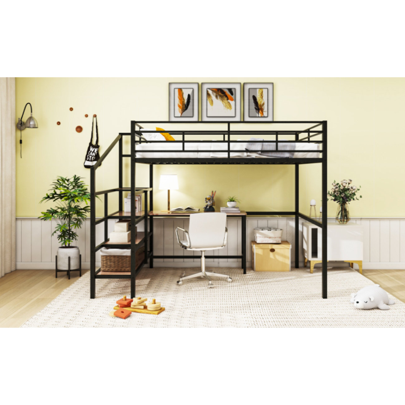 Latitude Run® Metal Loft Bed Frame With Desk And Lateral Storage Ladder ...