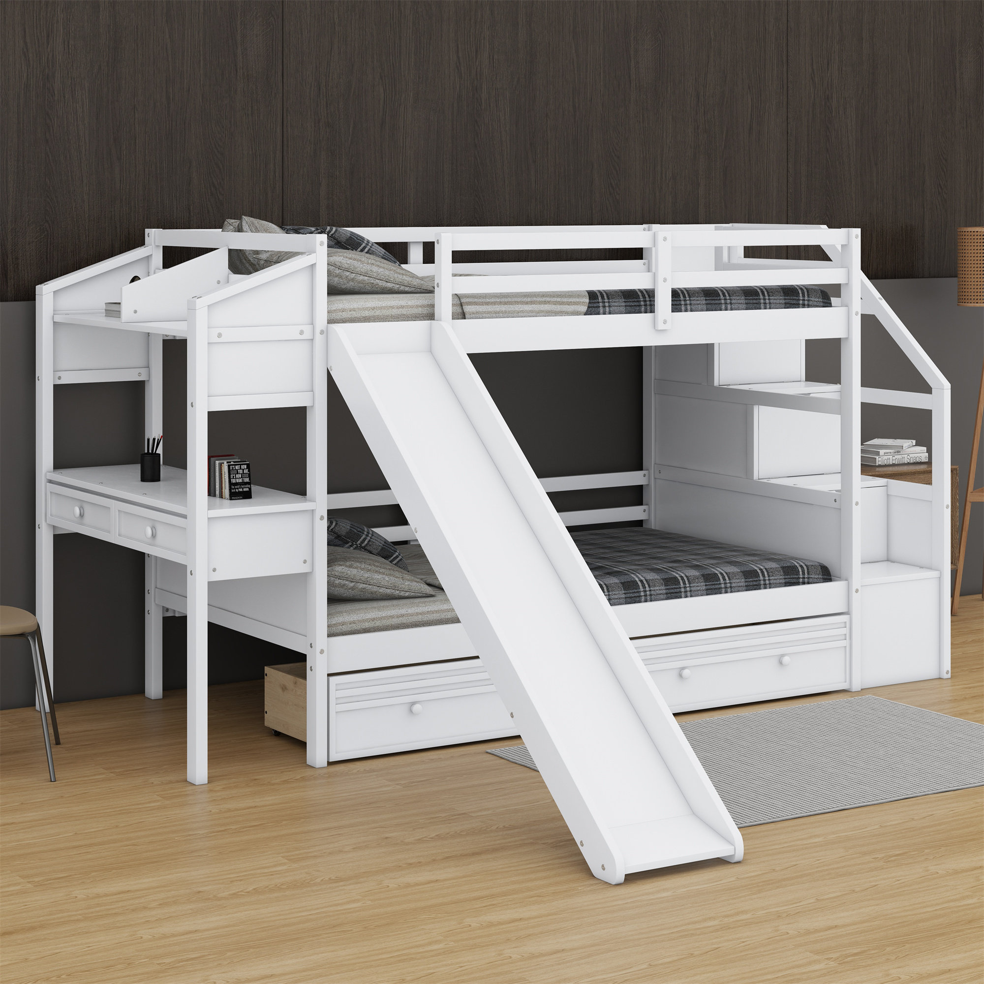 Latitude Run® Bunk Bed With Storage Staircase, Slide And Drawers, Desk ...