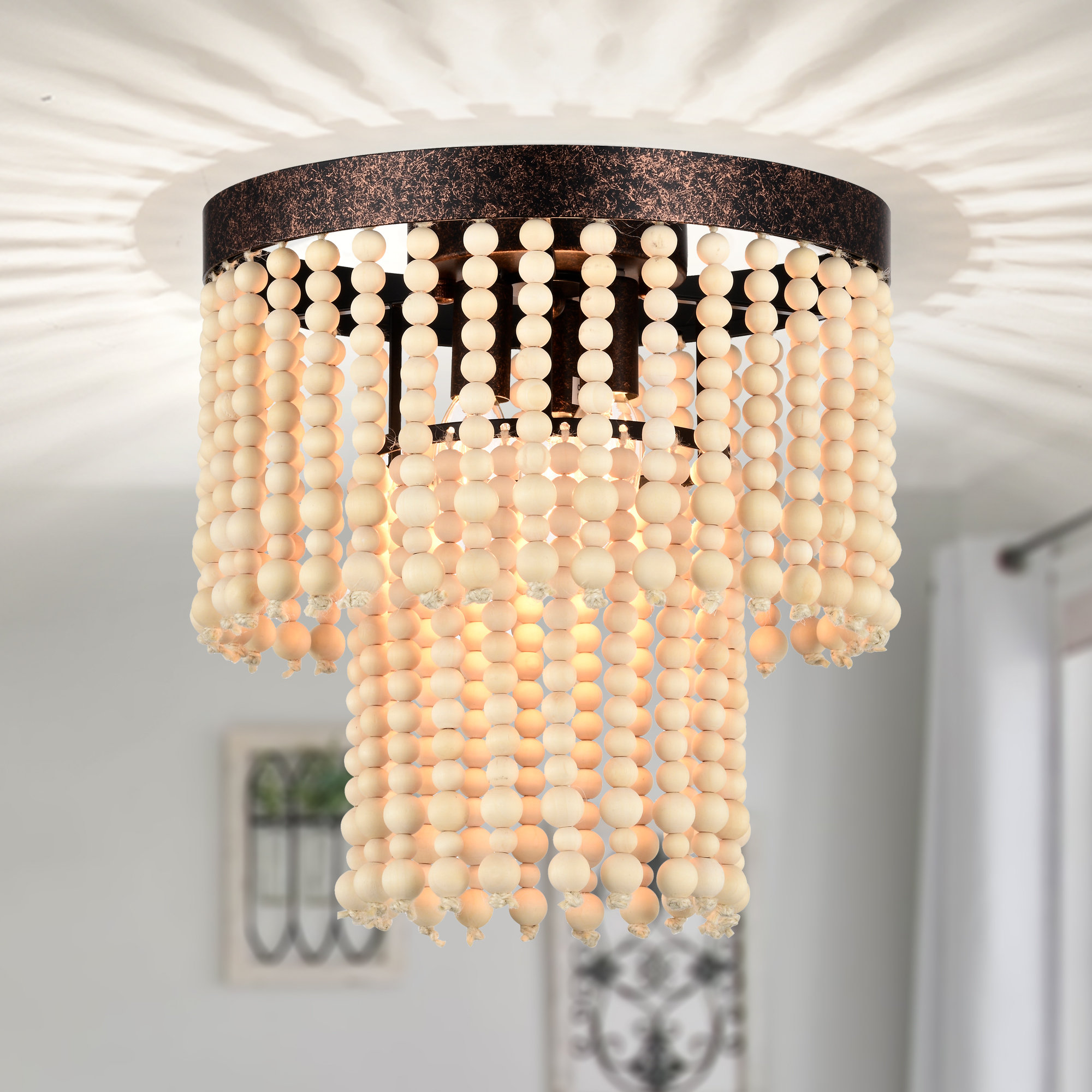 Dakota Fields Wood Beaded Chandelier Boho Flush Mount Ceiling Light ...