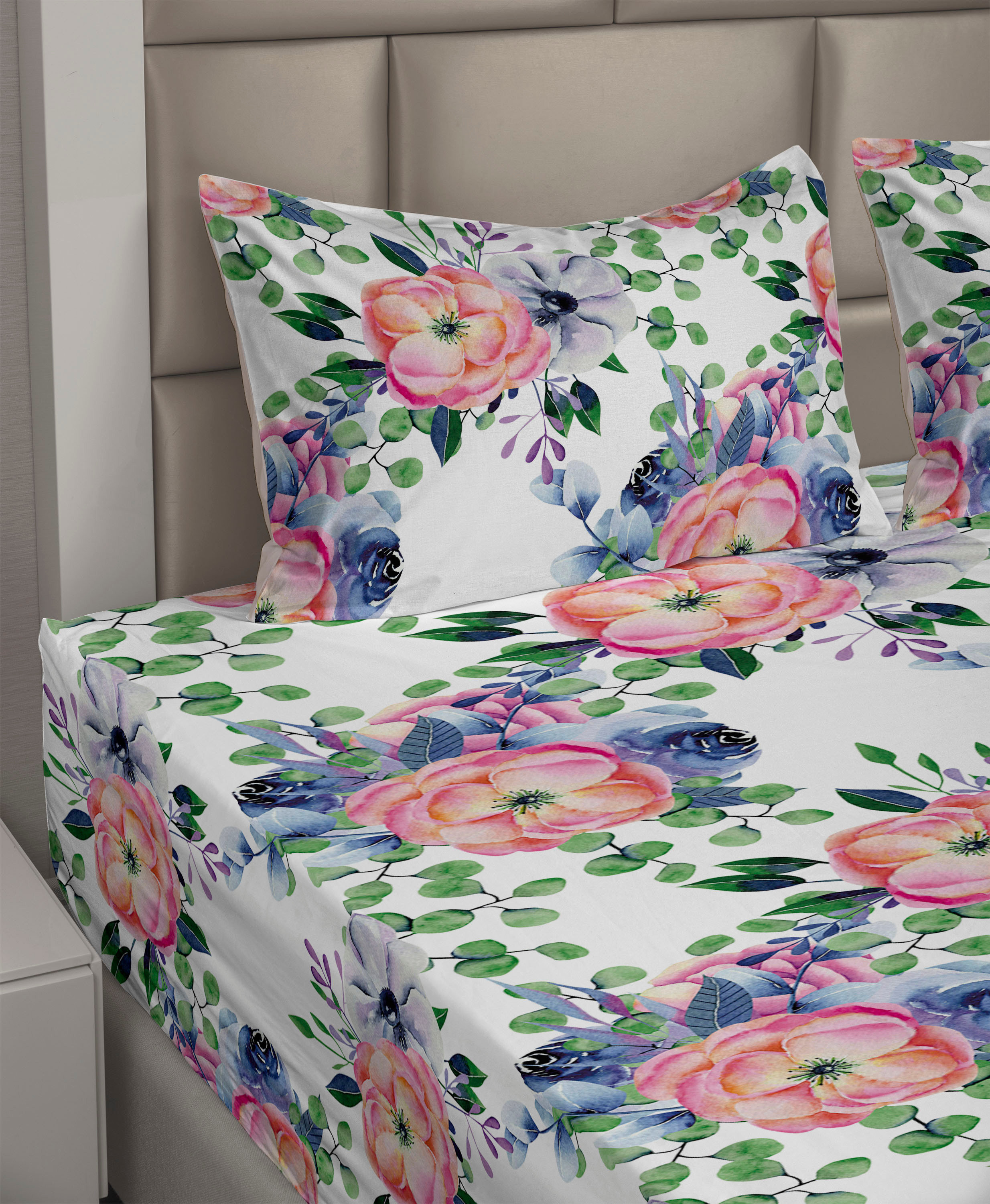 Ambesonne Floral Design Sheet Set Peony Lilac Pattern Coral Fern Green ...