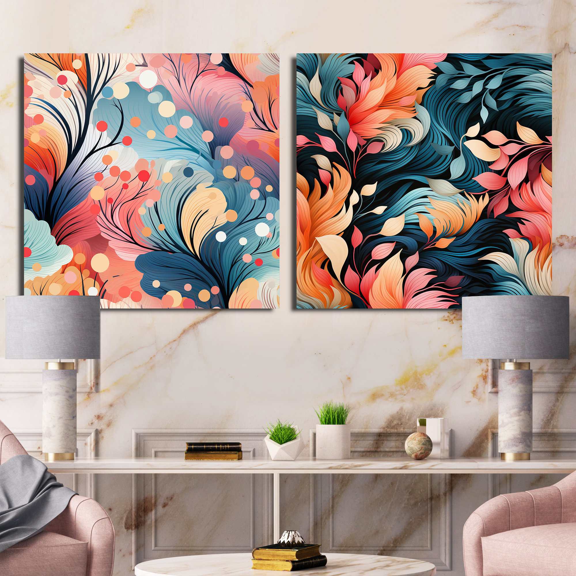 Design Art Adventure Blue And Pink Flower Botanical Pattern - Abstract Botanicals Square Collage ...