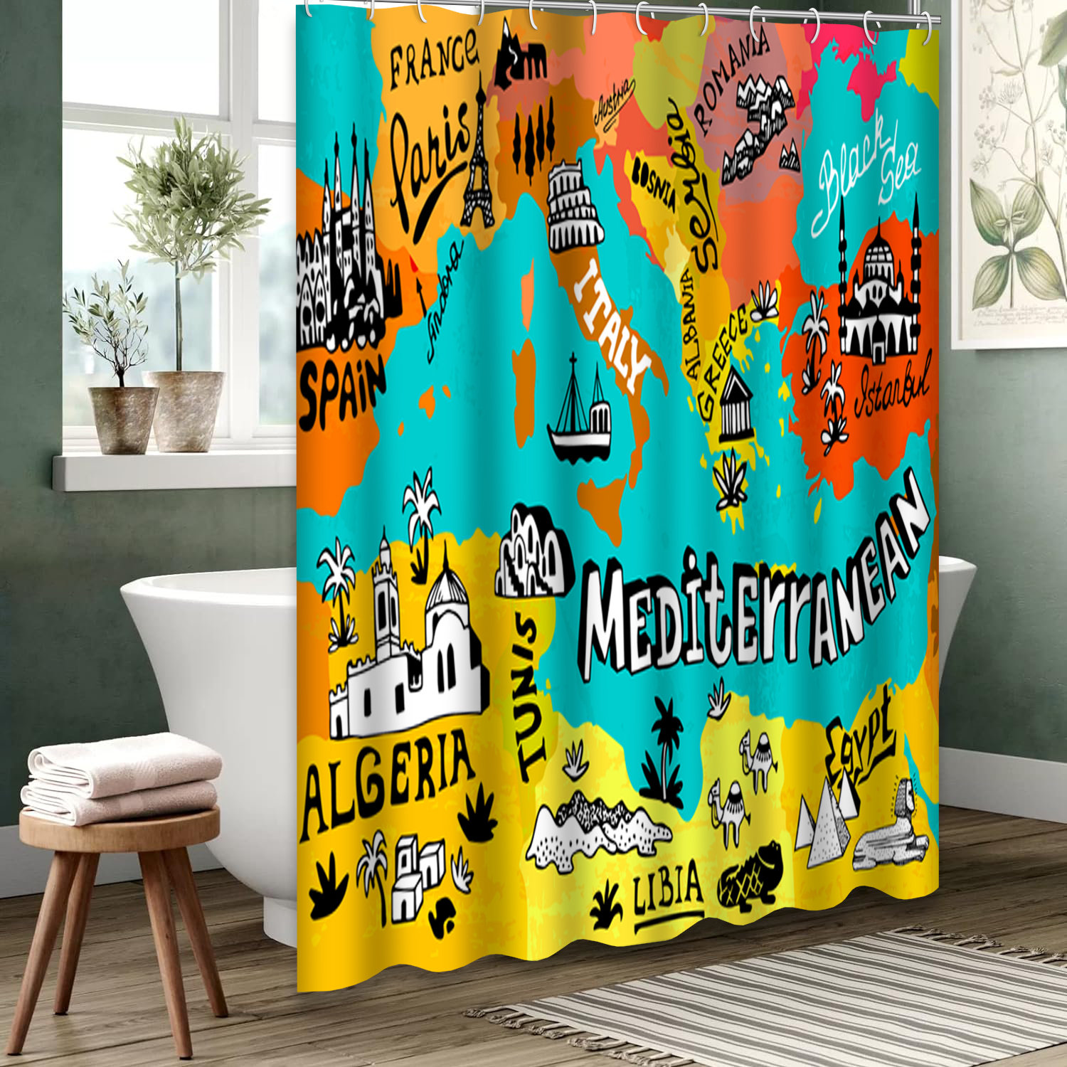 East Urban Home Sea Black Blue Waterproof Shower Curtain,Map ...