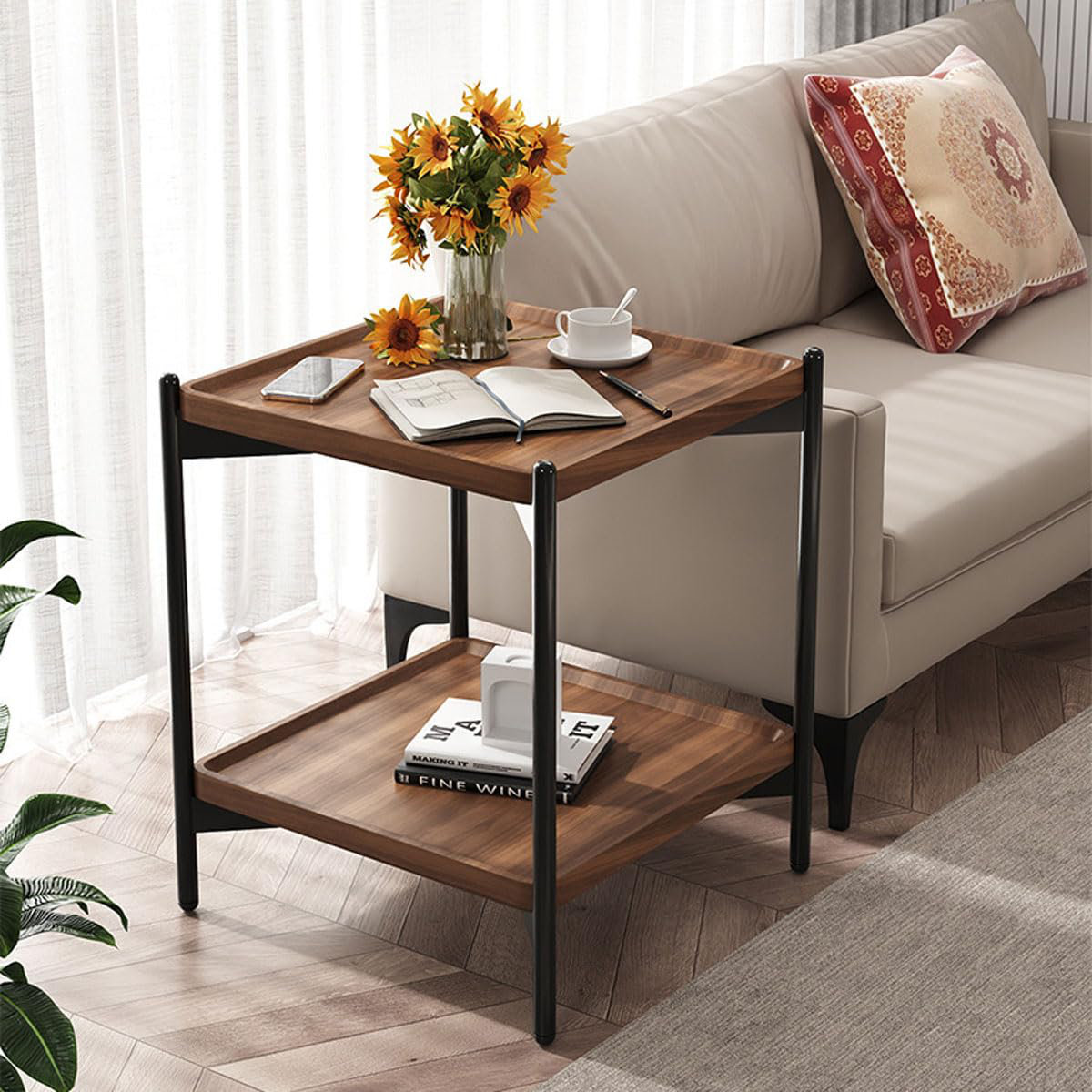 17 Stories Square Side Tables Living Room, 2-Tier Couch Wood End Table ...