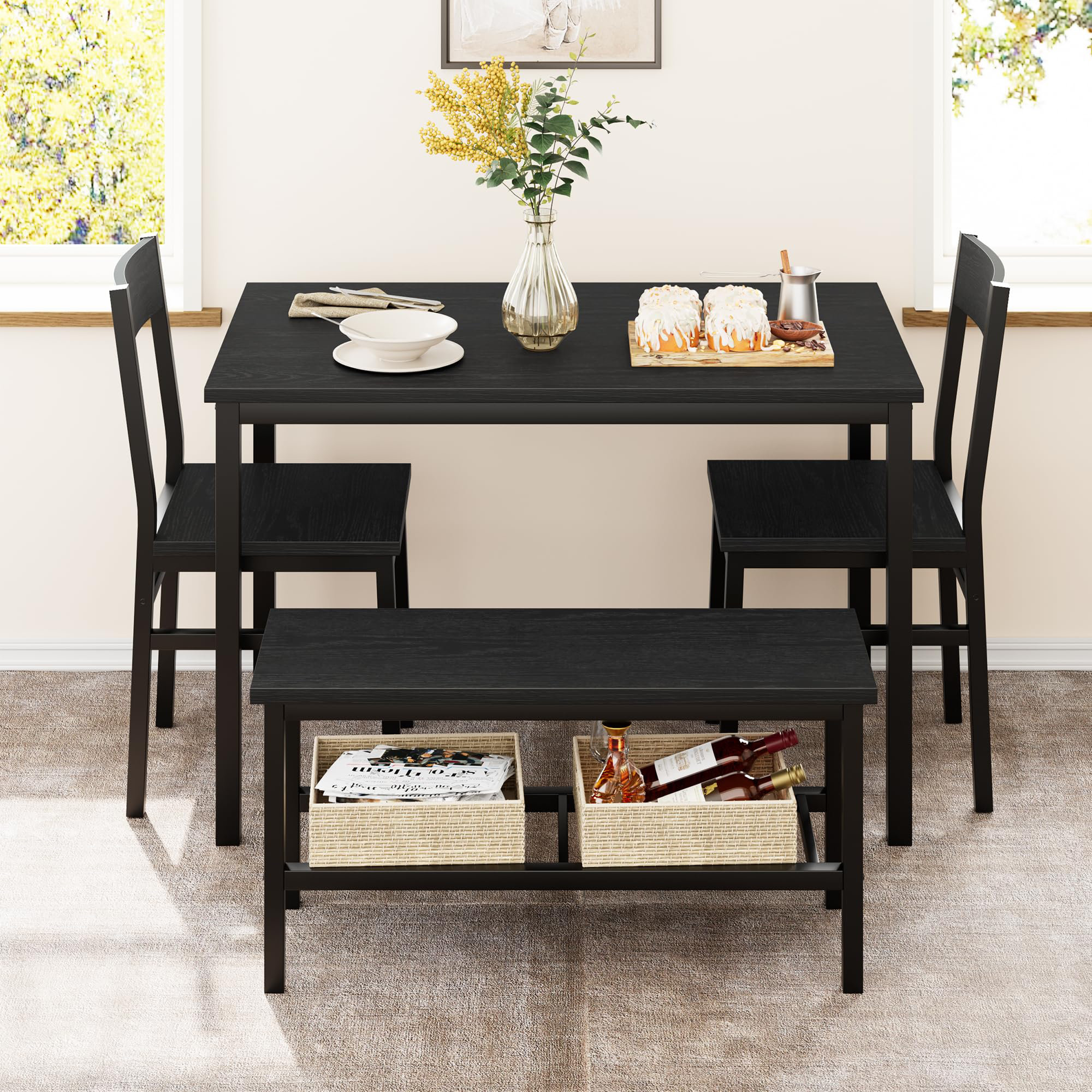17 Stories Dining Table With Benches, Kitchen Table Set For 4-6 ...
