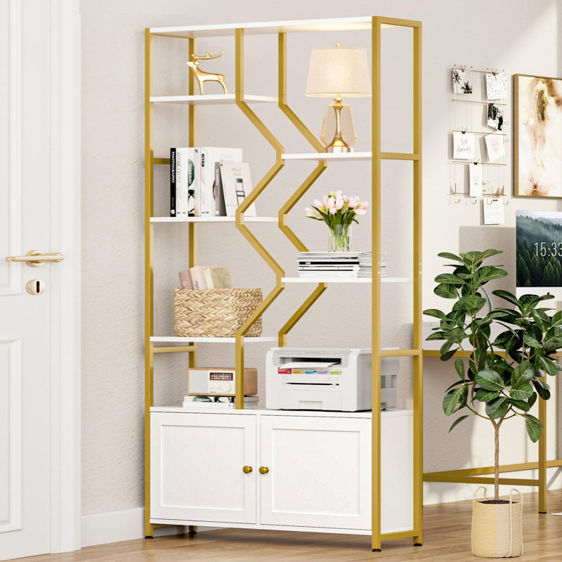 Mercer41 76" High Gold Bookcase with Cabinet Storage | Wayfair