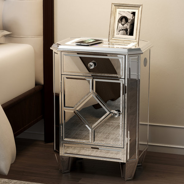Mercer41 Silver Mirrored Nightstand With Storage Cabinet, Wireless ...