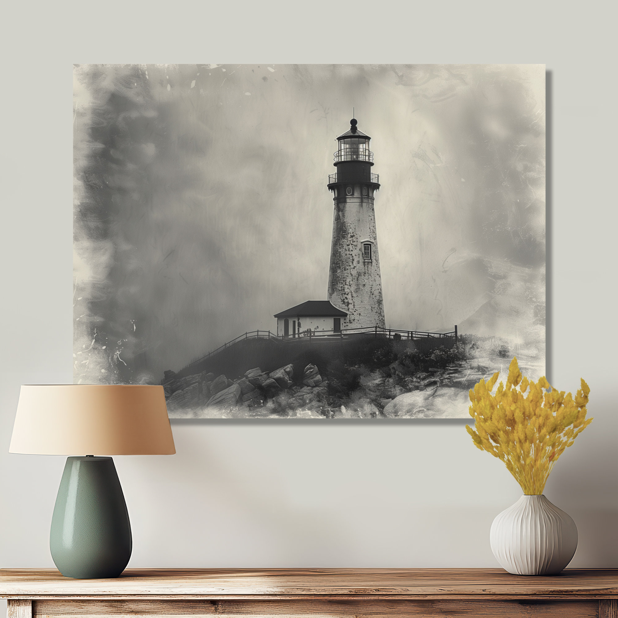 Breakwater Bay Vintage Monochrome Lighthouse Winter Fog Cliff - Lighthouses Wall Art Print | Wayfair