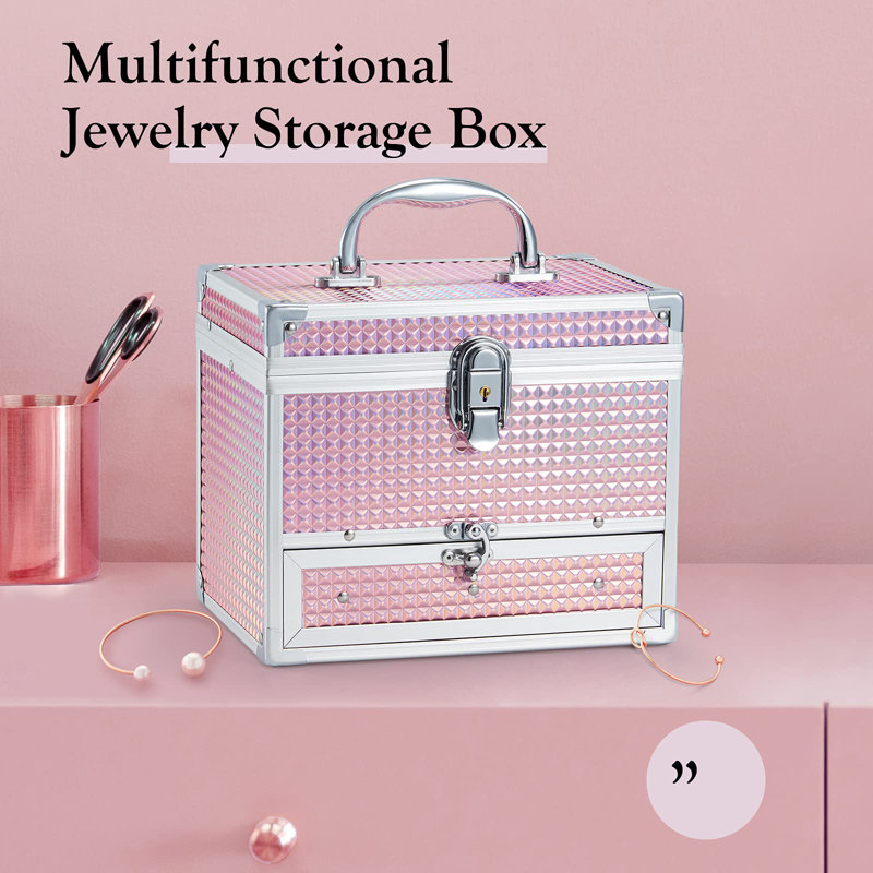 17 Stories Shiny Pink Jewelry Box with Drawer & Mirror | Wayfair