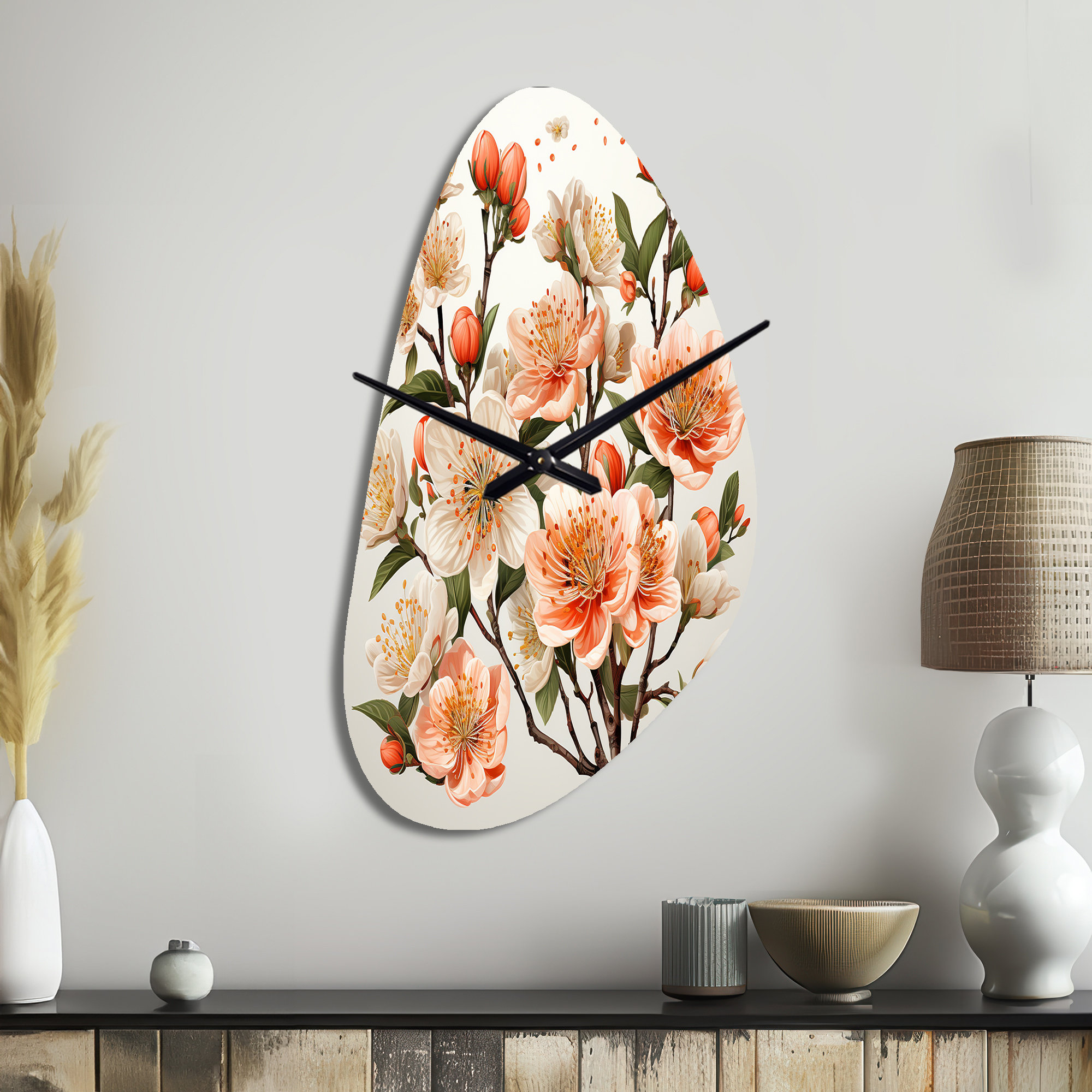 Design Art Peach Blossom Bliss IV - Floral Irregular Shape Metal Clock ...