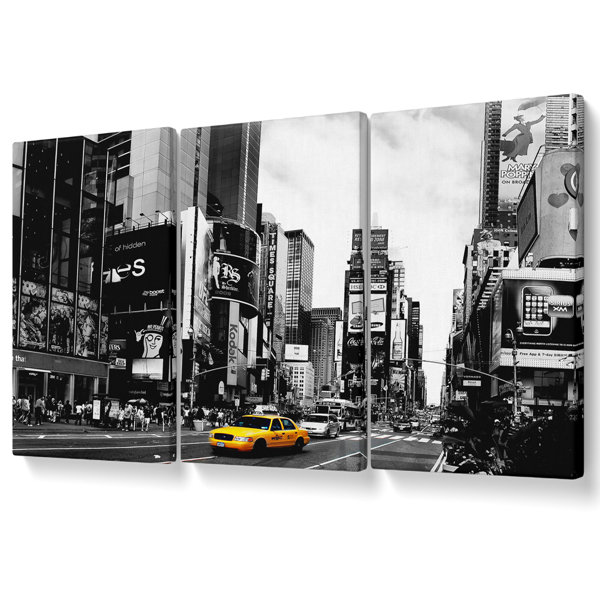 Ebern Designs Broadway Yellow Cab B N W - 3 Piece Wrapped Canvas Art ...