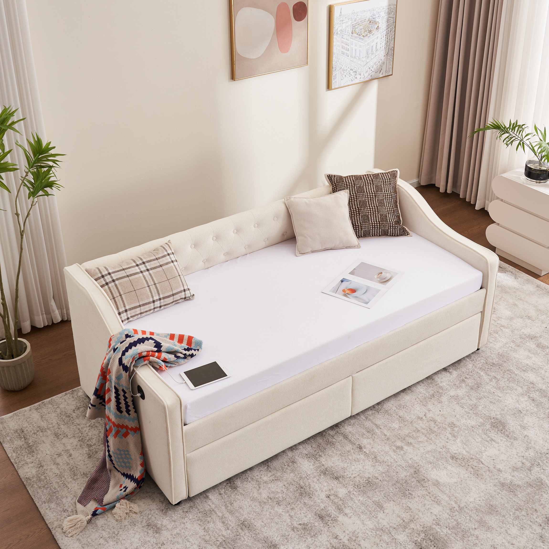 House of Hampton® Twin Size Upholstered Daybed with Storage Drawers, Solid Wood Sofábed Bed ...