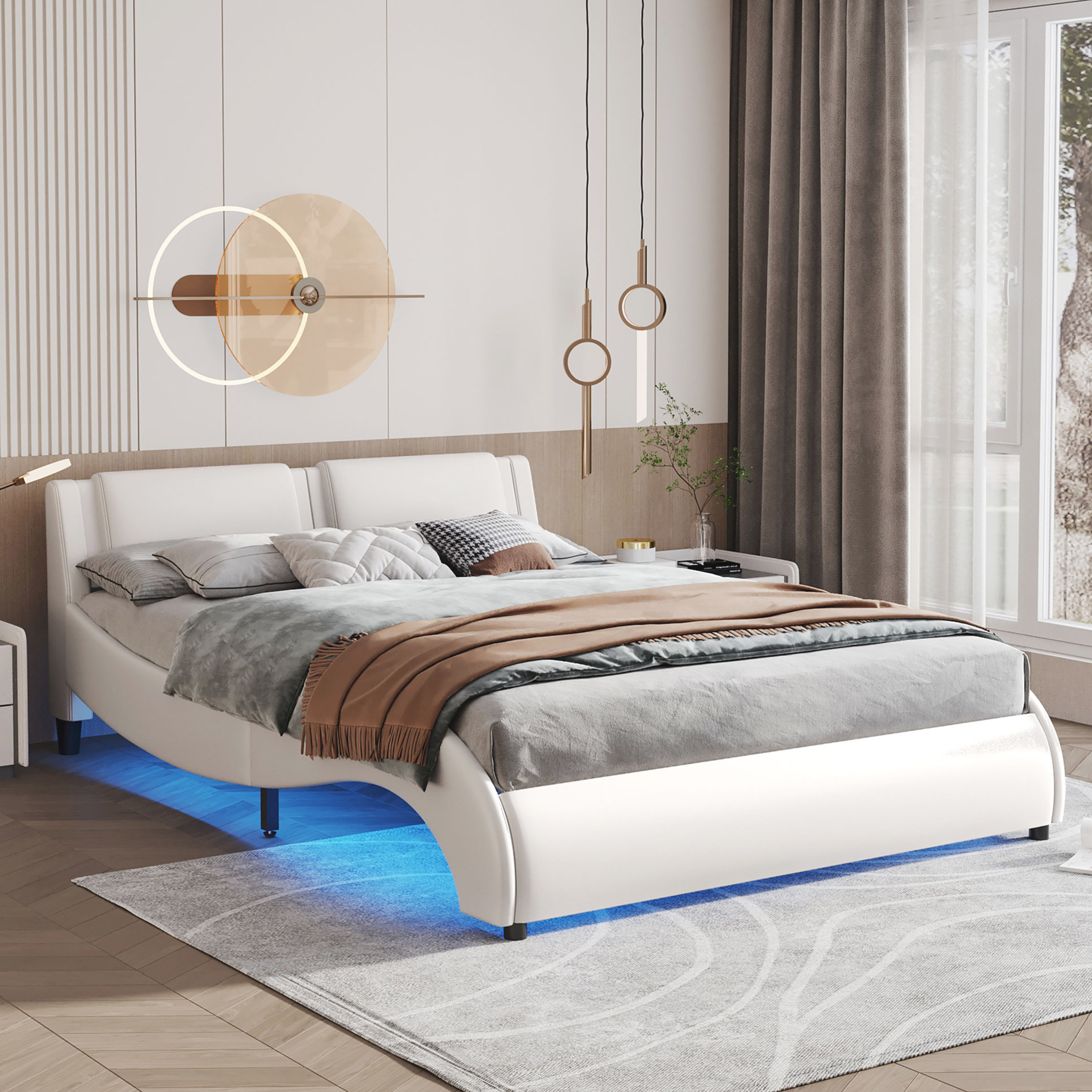 Ivy Bronx Upholstered Faux Leather Platform Bed with LED Light Bed ...