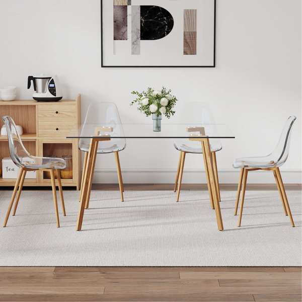 Wrought Studio Table and Chair Set, Transparent Glass Tabletop And Wood ...
